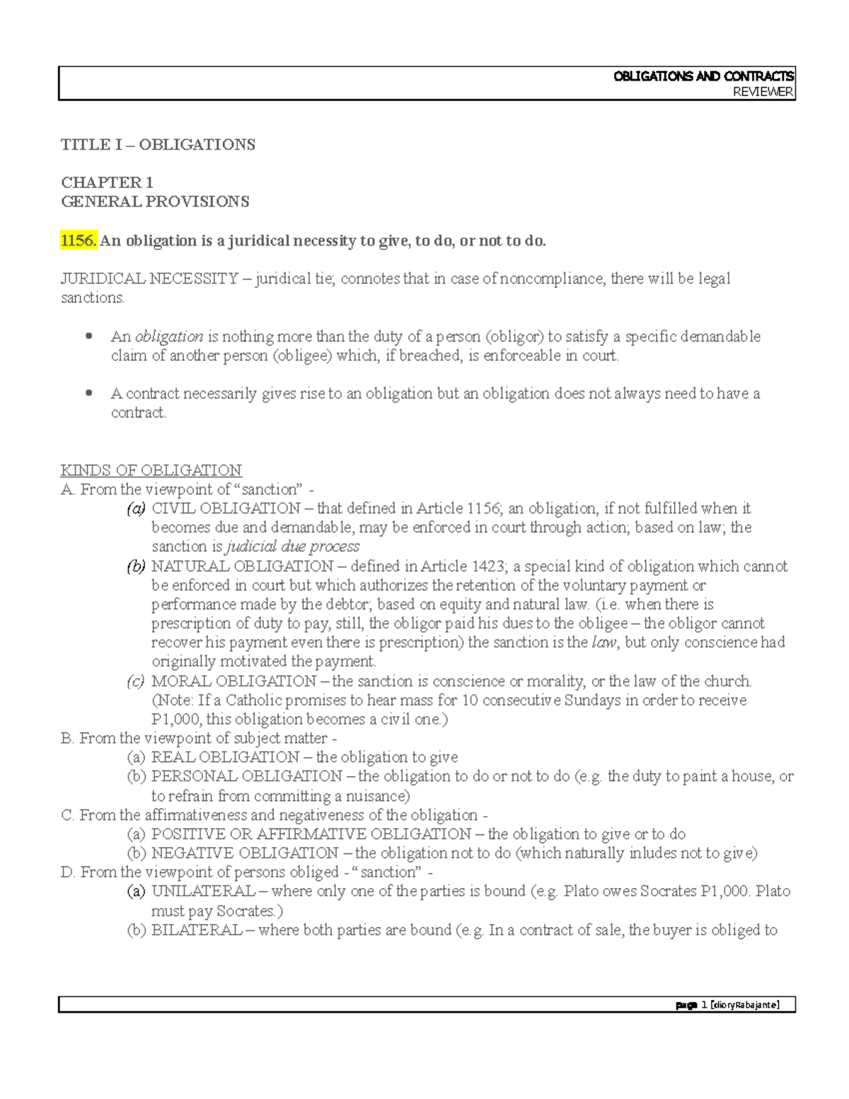 Obligations and Contracts Reviewer - REVIEWER TITLE I – OBLIGATIONS CHAPTER 1 GENERAL PROVISIONS ...