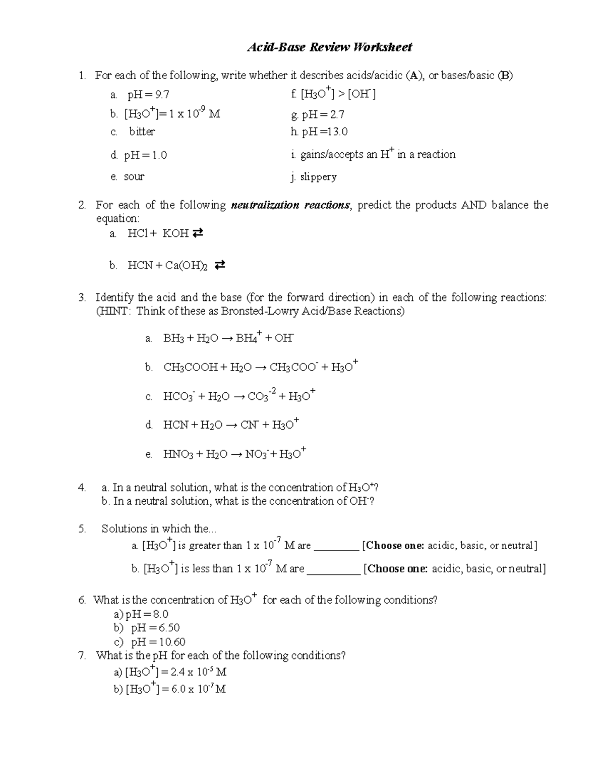 Acidbase worksheet and key - Acid-Base Review Worksheet For each of the ...