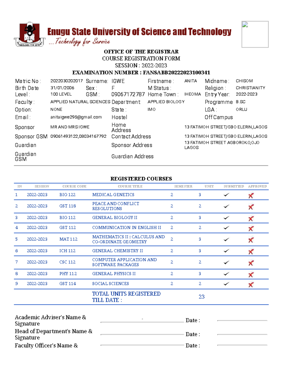 Dash Board - OFFICE OF THE REGISTRAR COURSE REGISTRATION FORM SESSION ...