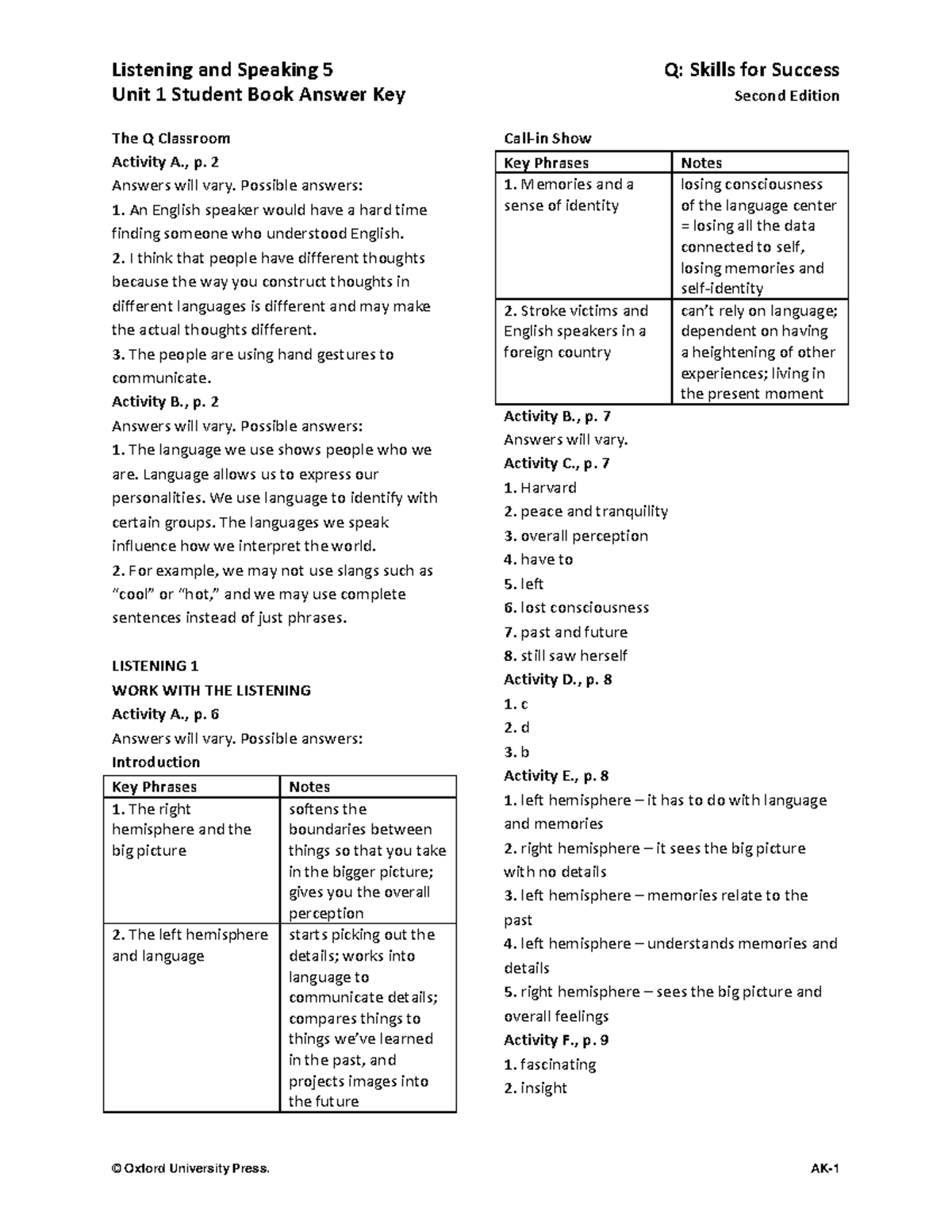 Q2e LS5 U01 Answer Key Unit 1 Student Book Answer Key