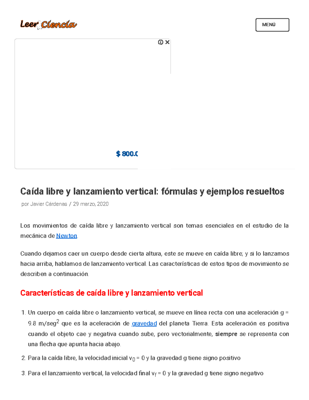 Caída libre y lanzamiento vertical fórmulas y ejemplos resueltos - MENÚ $ 800. Caída libre y ...