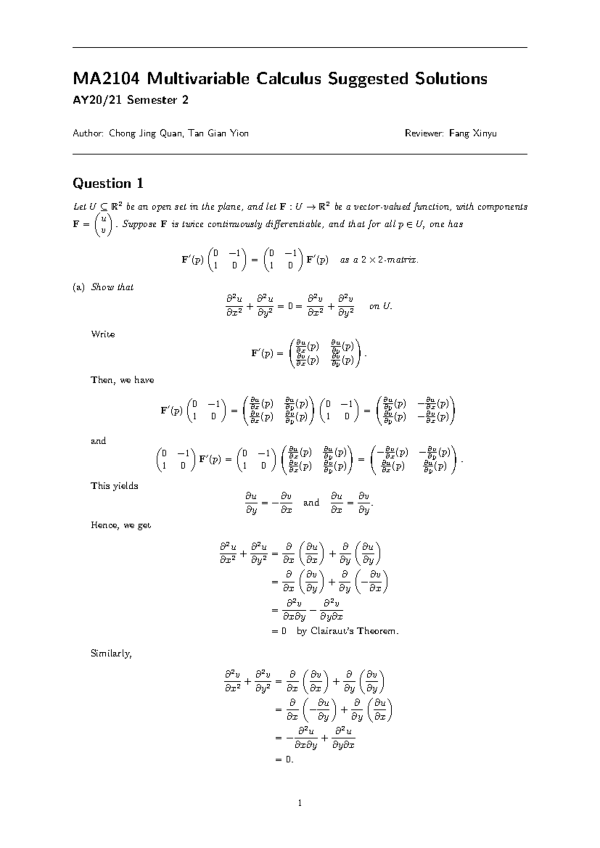 MA2104 2021 sem2 Solutions - MA2104 Multivariable Calculus Suggested ...