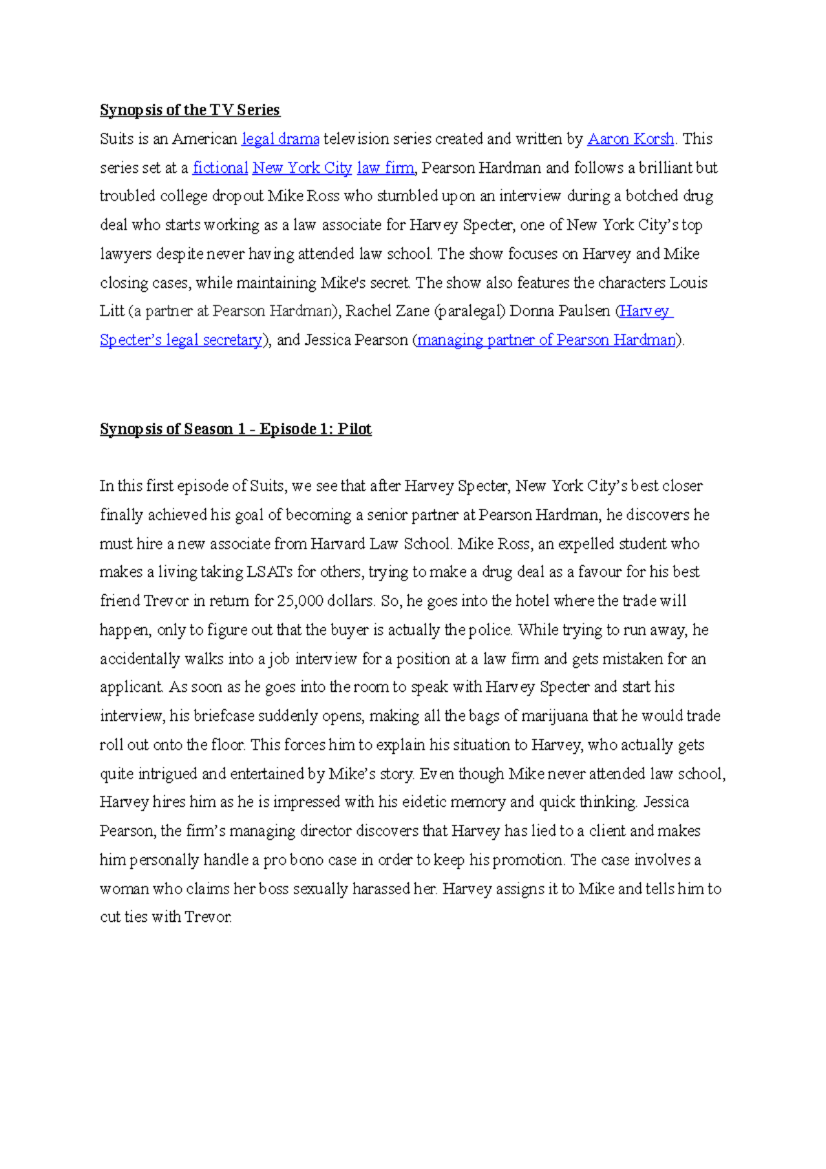 Introduction - Synopsis of the TV Series Suits is an American legal ...