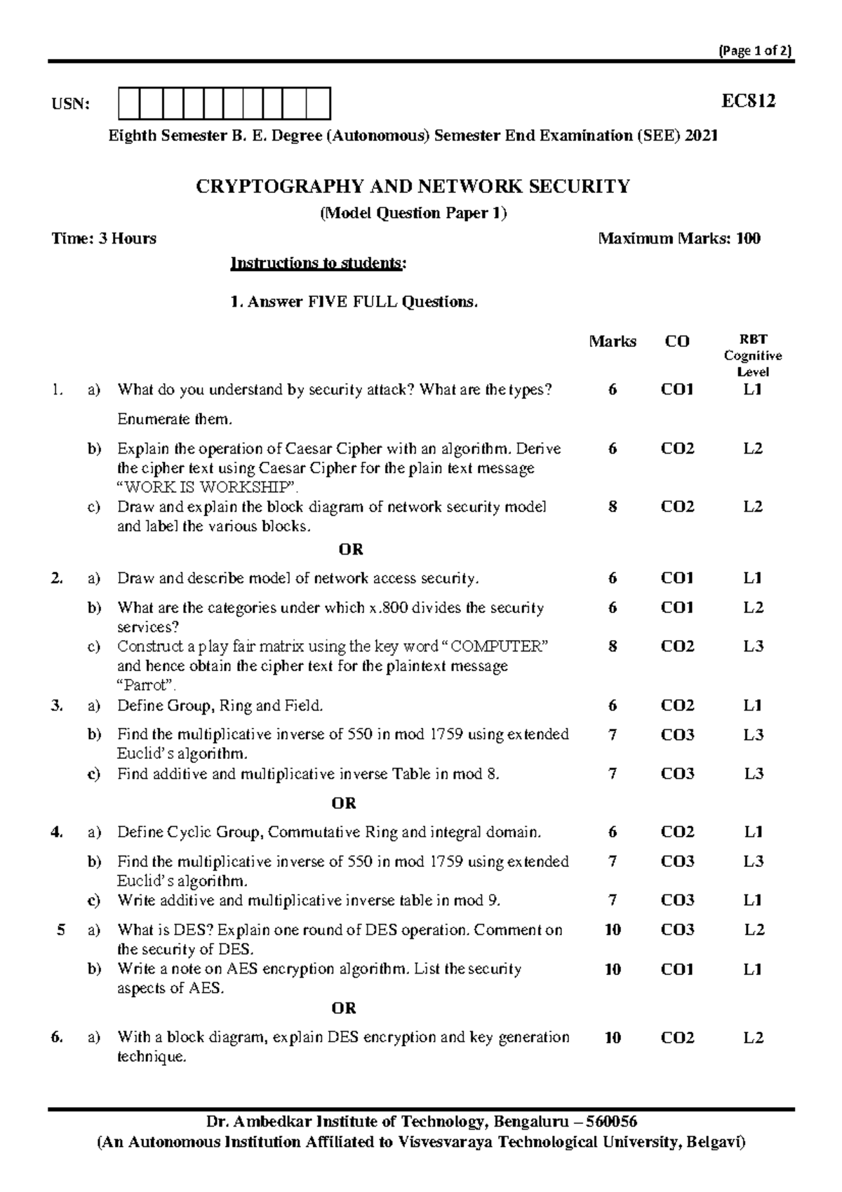 CNS Model QP - 1 - (Page 1 of 2) Dr. Ambedkar Institute of Technology, Bengaluru – 560056 (An ...
