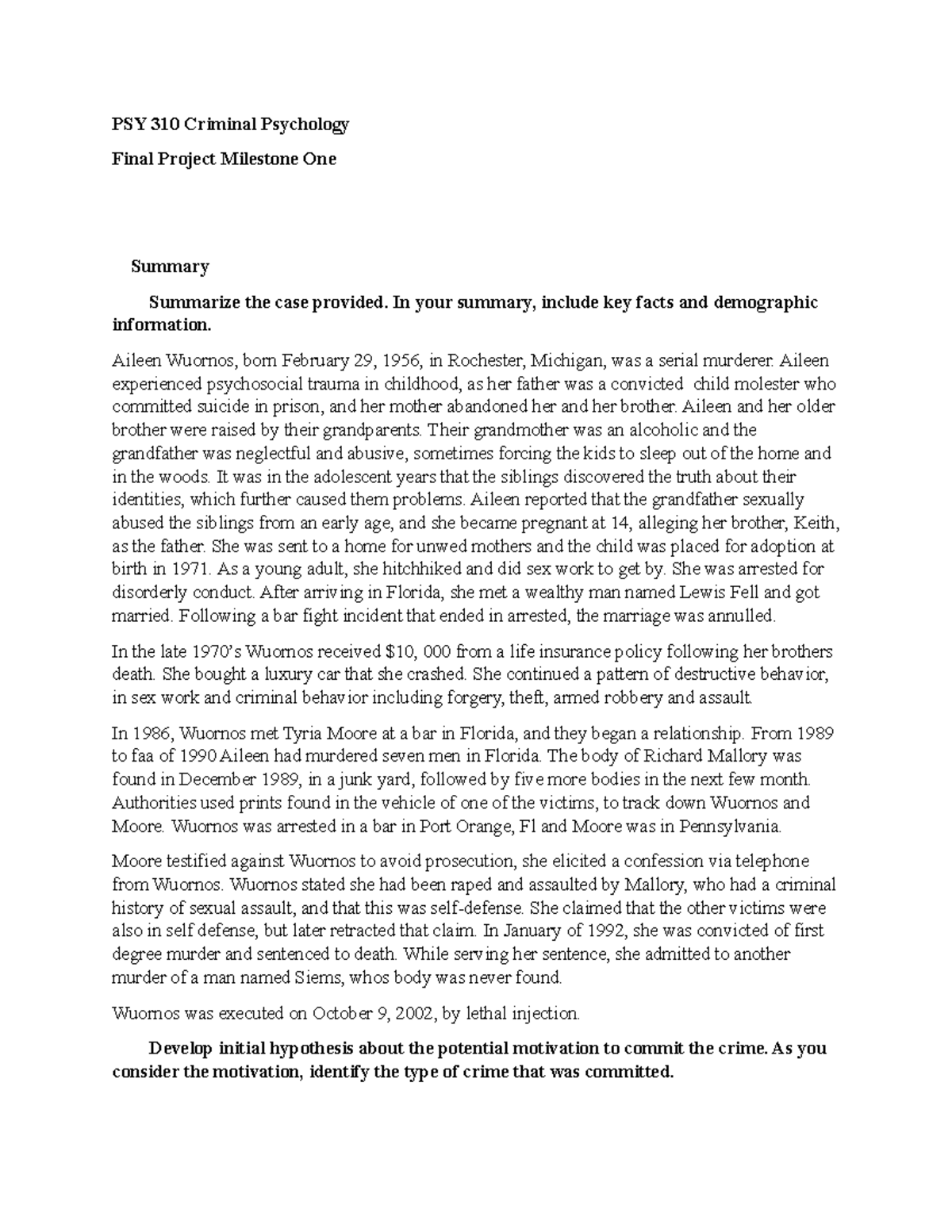 Psy310 - final project milestone one - PSY 310 Criminal Psychology ...