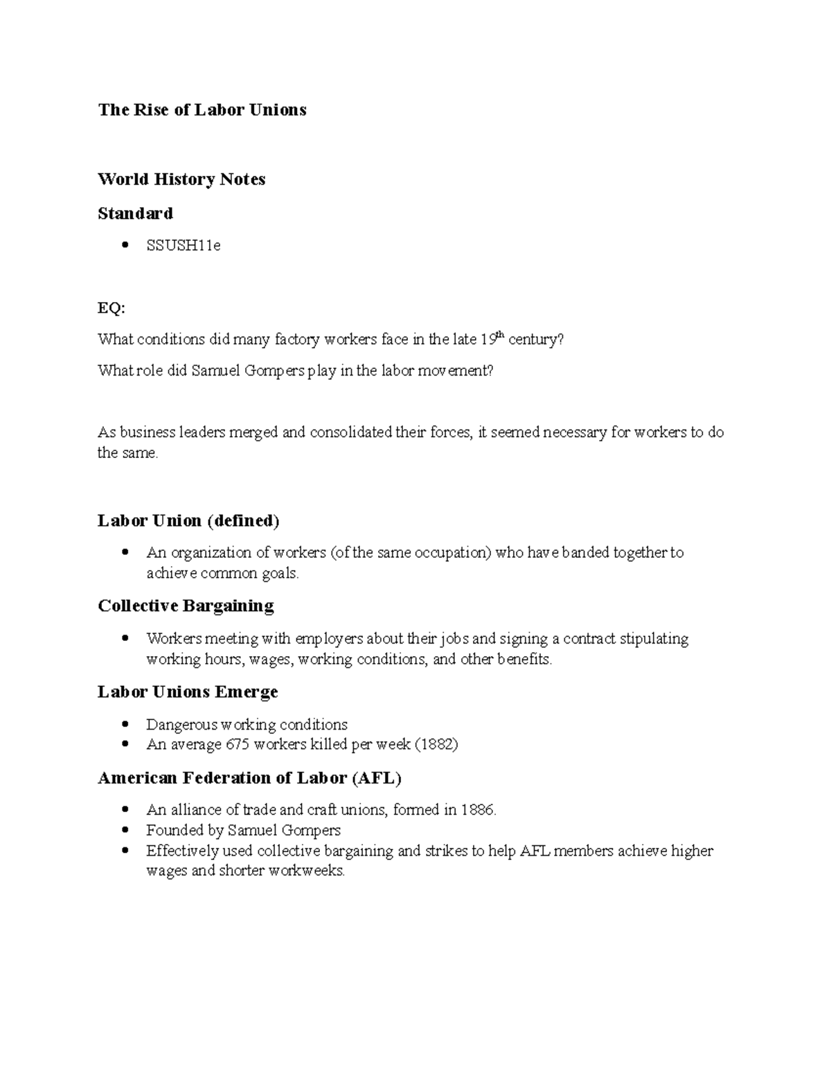 The Rise of Labor Unions - The Rise of Labor Unions World History Notes ...