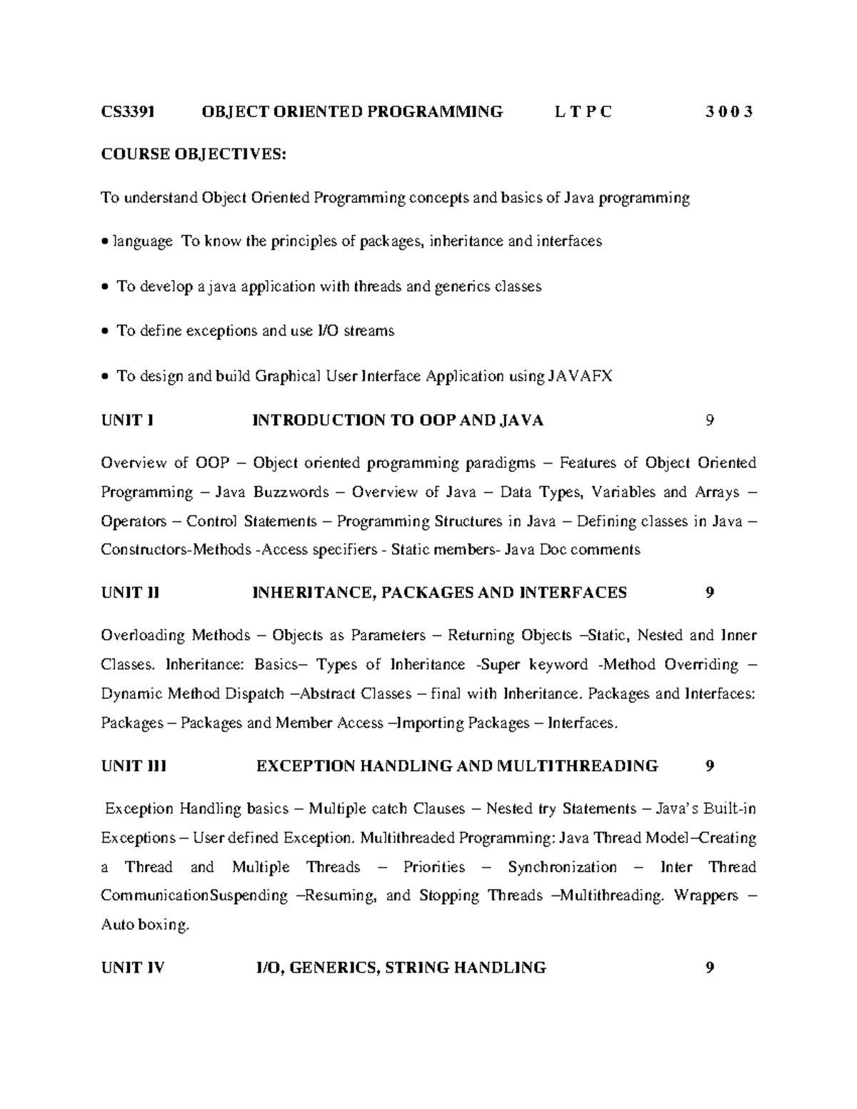 CS3391 Object Oriented Programming L T P C 3 0 0 3 Course Objectives - CS3391 OBJECT ORIENTED ...