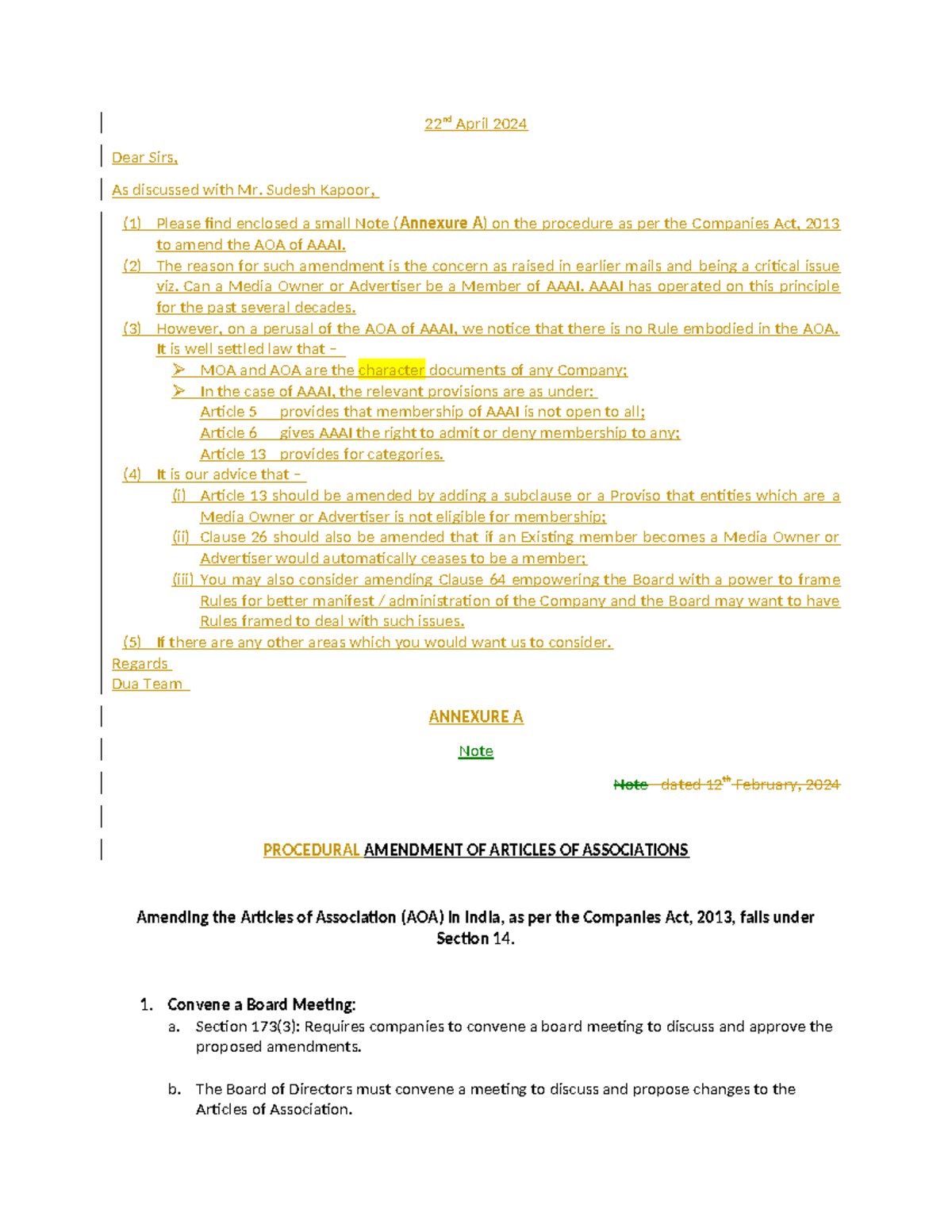 Amendment OF Articles OF Associations - 22 nd April 2024 Dear Sirs, As ...
