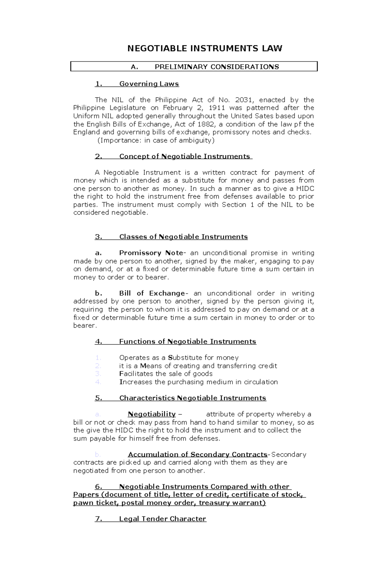 Updated Version Reviewer in Negotiable Instruments Law Lecture Notes by ...