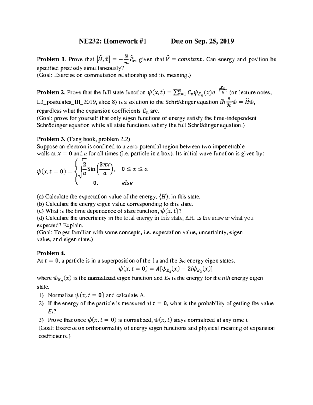 HW1 - Quantum Mechanics questions - Warning: TT: undefined function: 32 NE232: Homework #1 Due ...