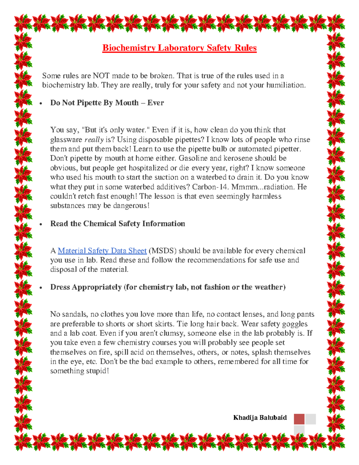 Chemistry Laboratory Safety - Khadija Balubaid Biochemistry Laboratory ...