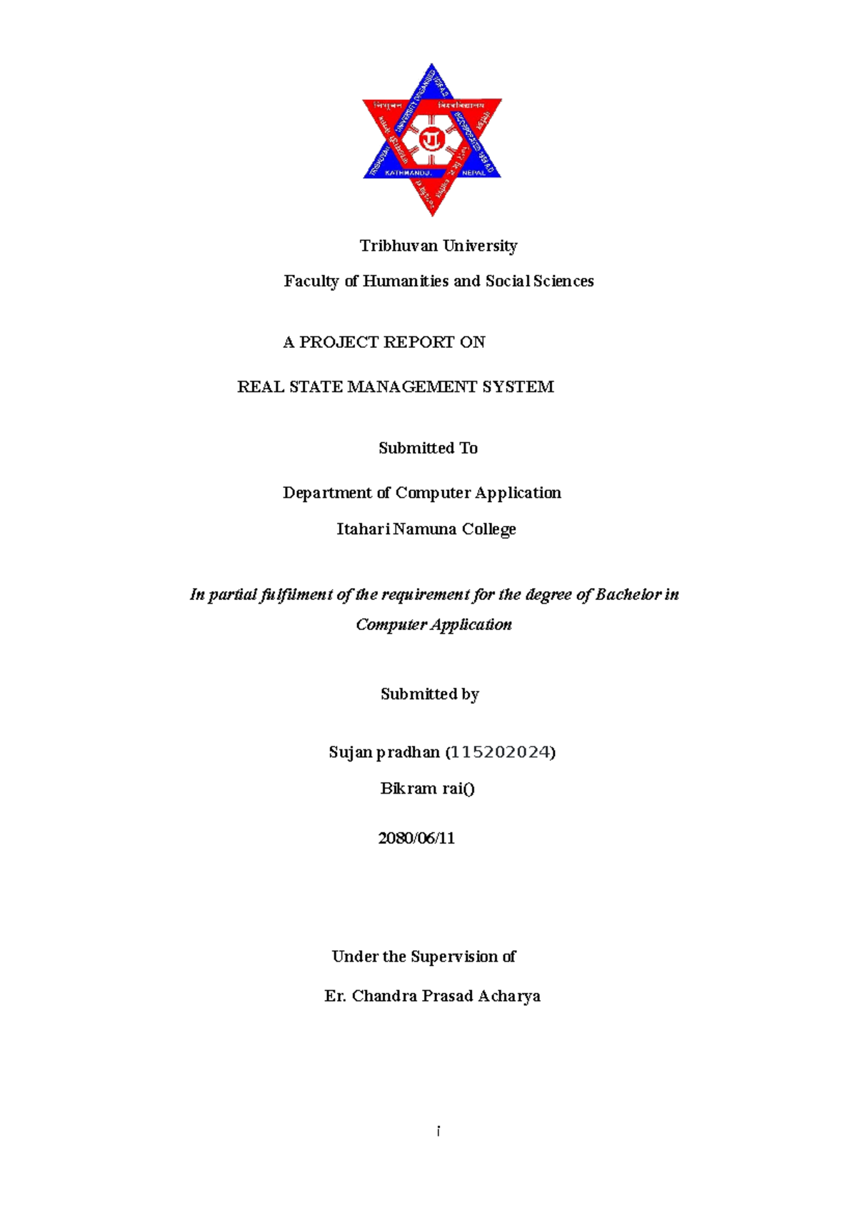 Real state - BCA 4th SEM Project I - i Tribhuvan University Faculty of ...