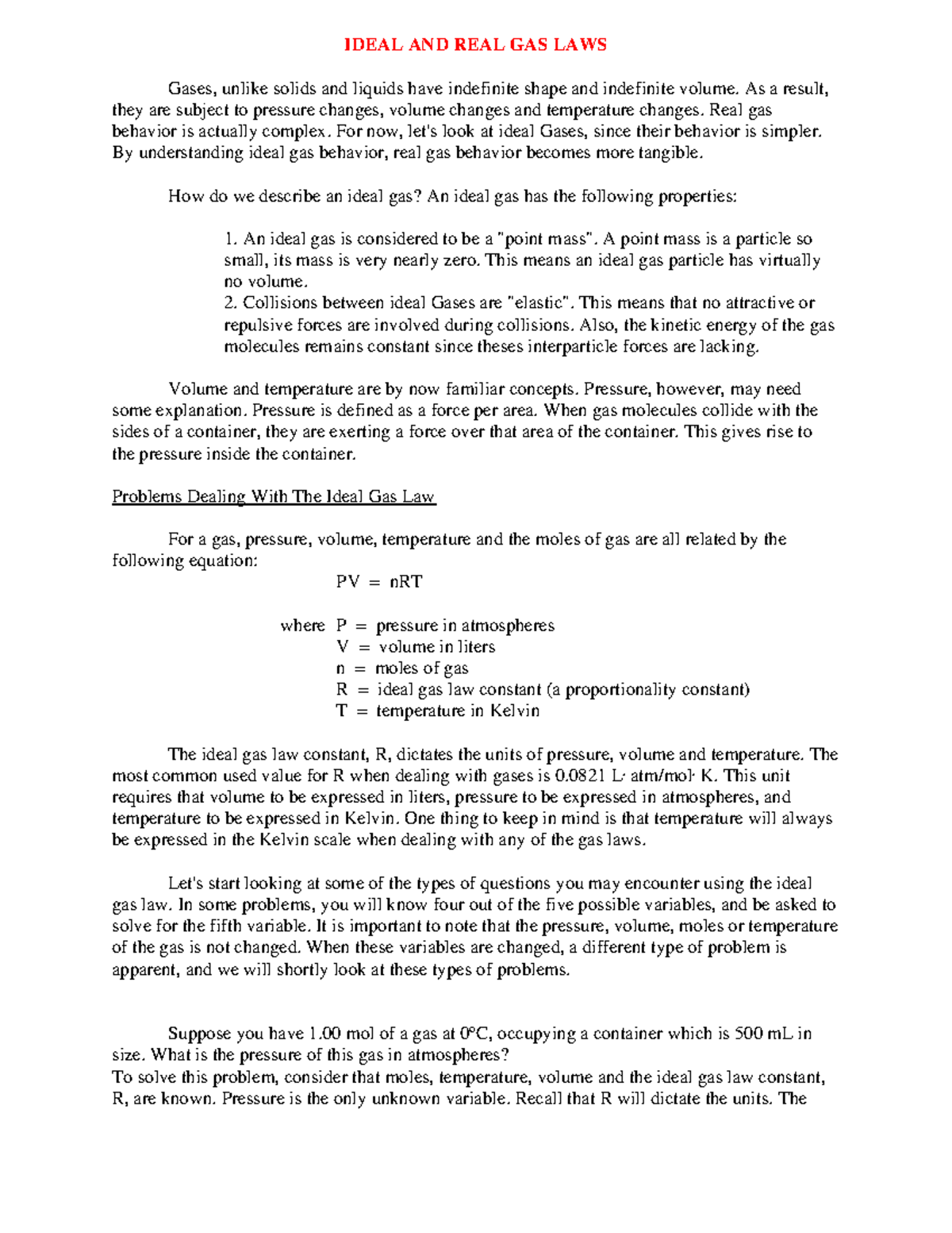 Ideal and real Gas Laws - Chimie - IDEAL AND REAL GAS LAWS Gases ...
