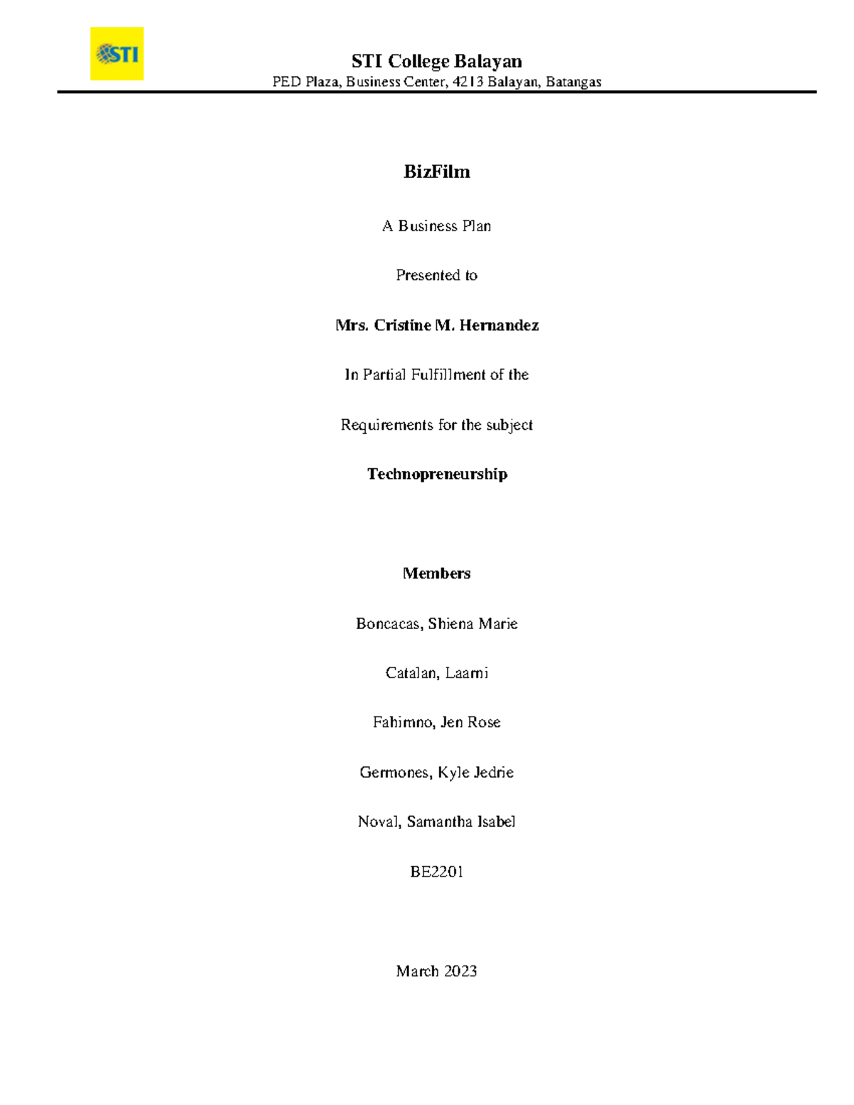 Bizfilm - Task Performance - STI College Balayan PED Plaza, Business ...