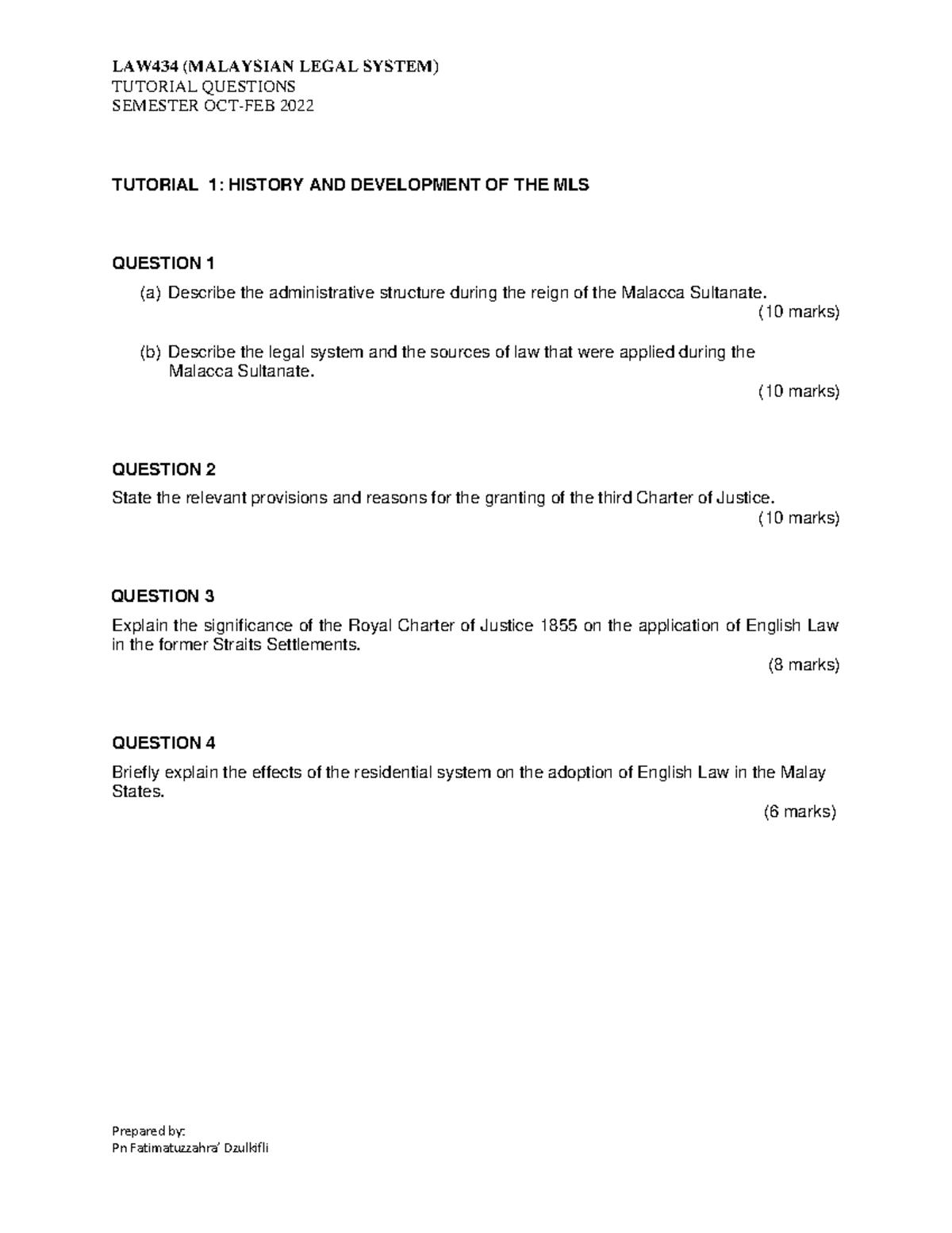 LAW434 Tutorial Questions OCT-FEB 2022 - TUTORIAL QUESTIONS SEMESTER ...