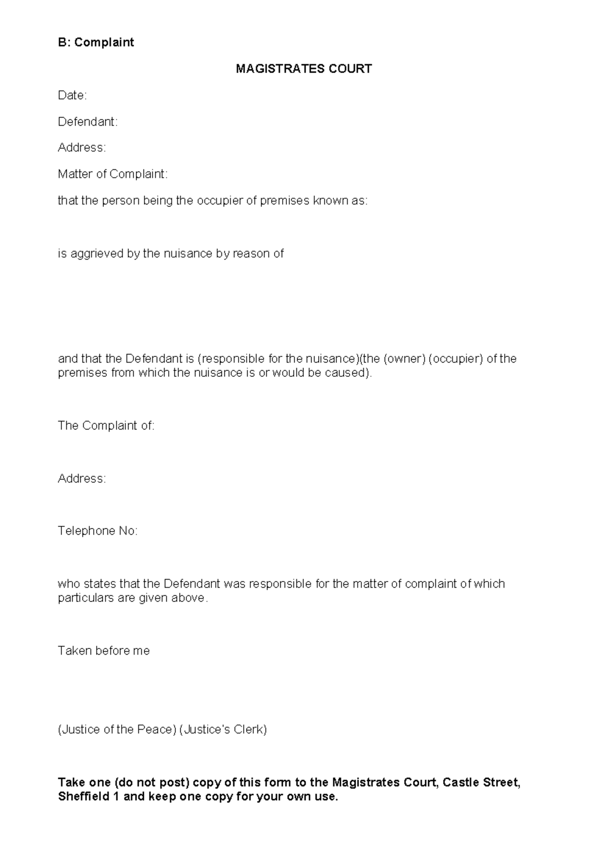 Form B - Complaint Form - B: Complaint MAGISTRATES COURT Date ...