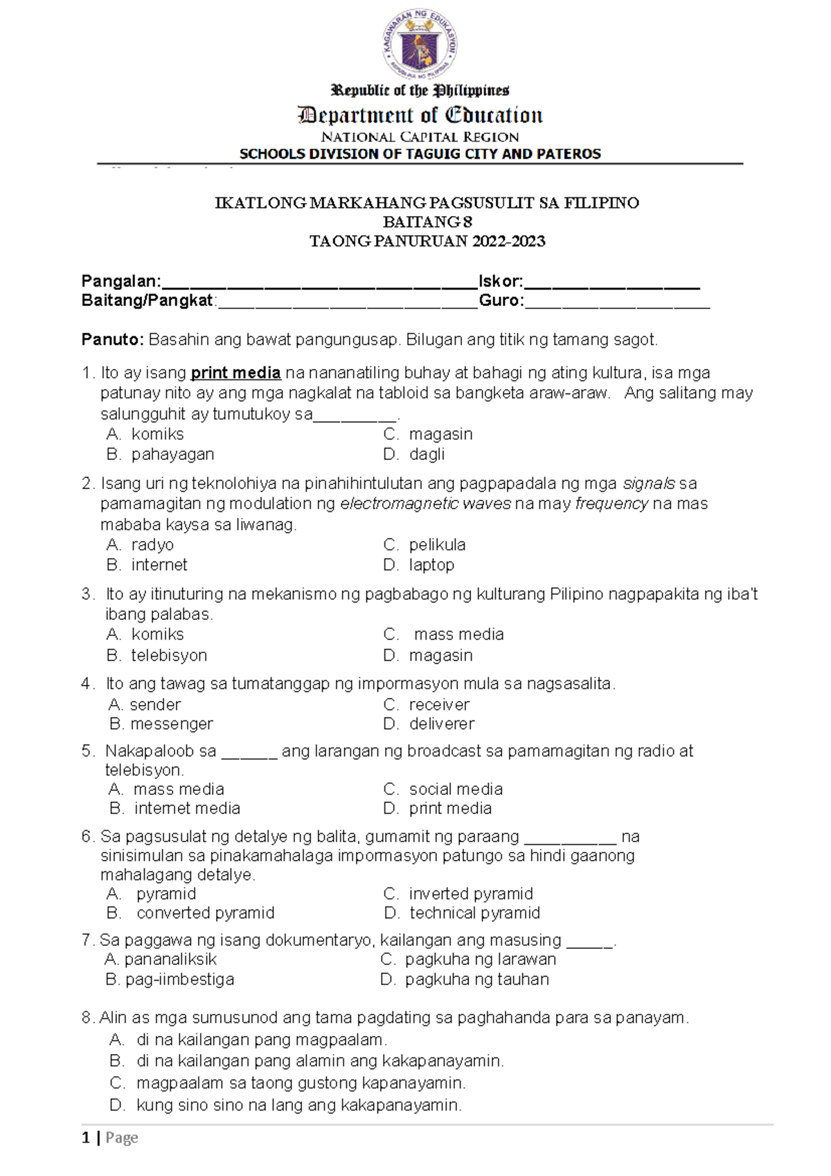 FIL8 Q3 PT 22-23-OK - IKATLONG MARKAHANG PAGSUSULIT SA FILIPINO BAITANG 8 TAONG PANURUAN 2022 ...