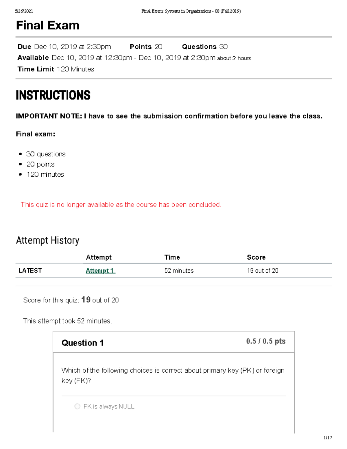 Final Exam Systems in Organizations - 08 (Fall 2019 ) - Final Exam Due ...