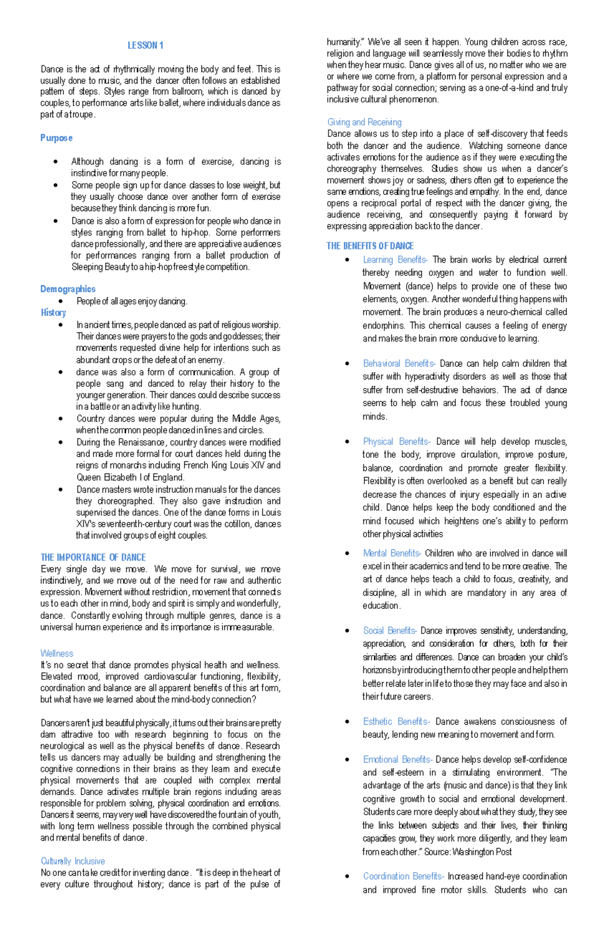 PE-3- Reviewer - Pe review - LESSON 1 Dance is the act of rhythmically ...