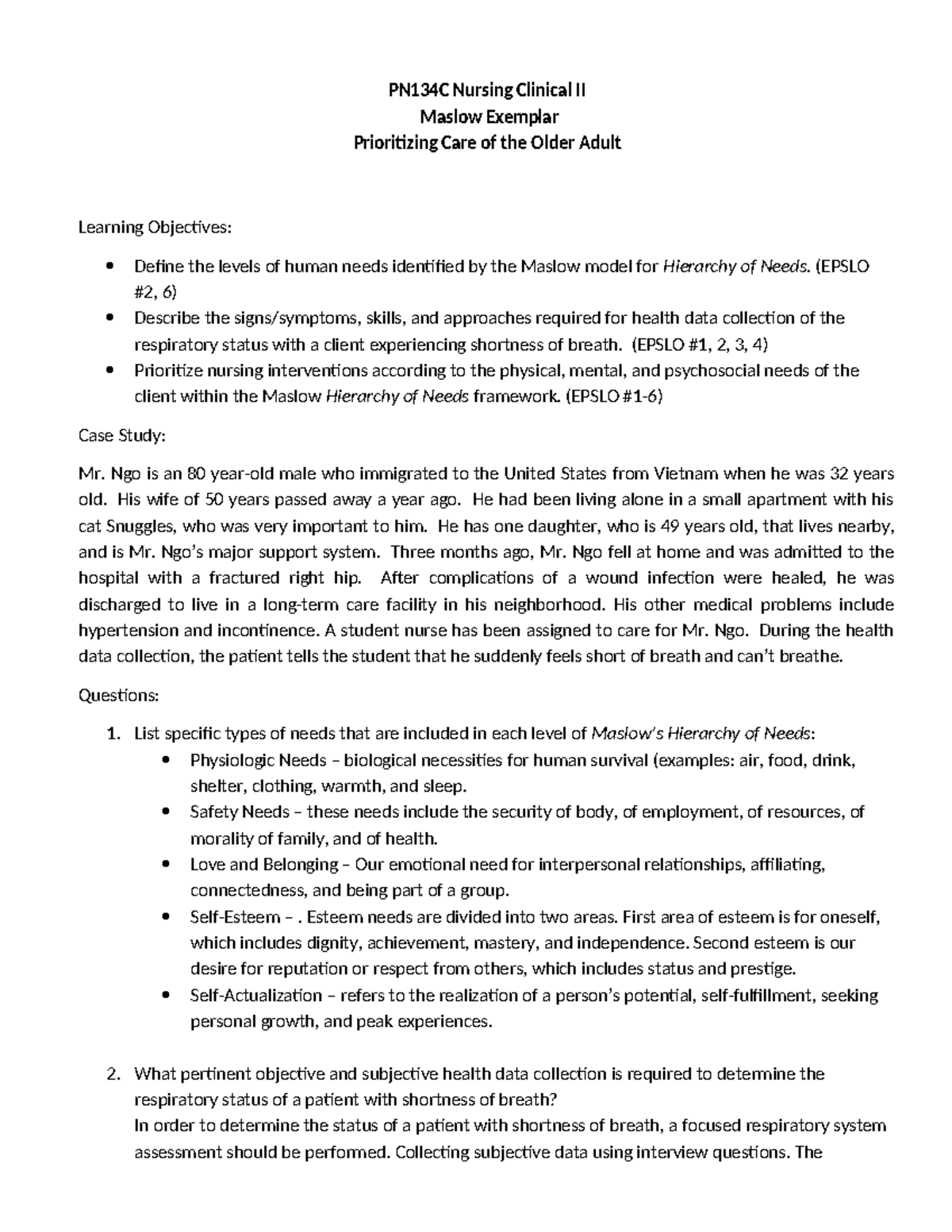 Maslow Exemplar clincials 2 - PN134C Nursing Clinical II Maslow ...