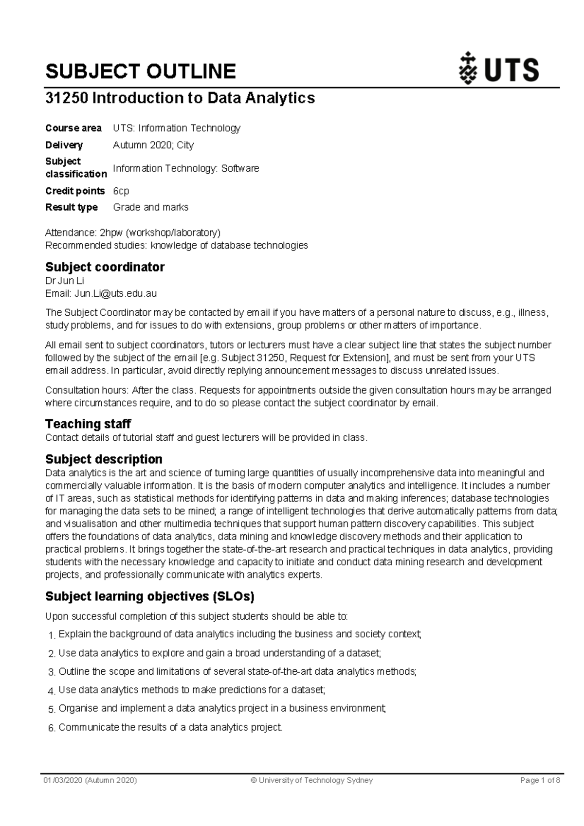 IDA outline for 2020 - 68%-(&7 287/,1( ,QWURGXFWLRQ WR 'DWD $QDO\WLFV ...