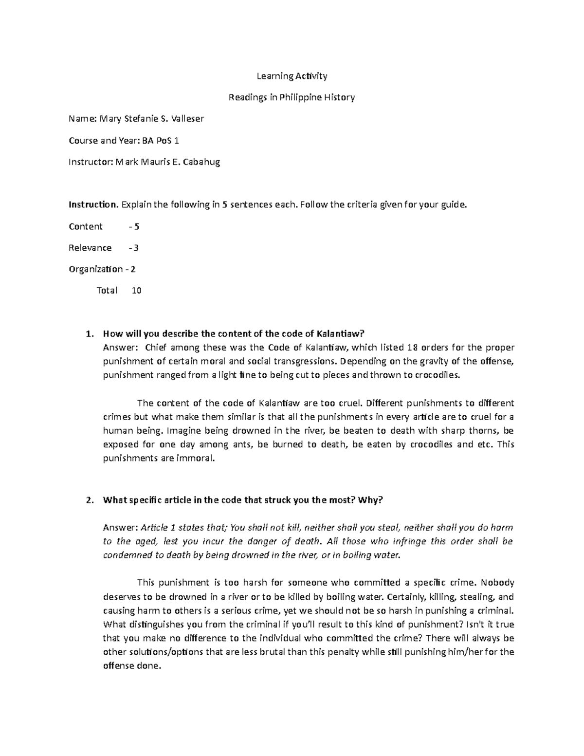 Learning Activity- Code of Kalantiaw - Learning Activity Readings in ...