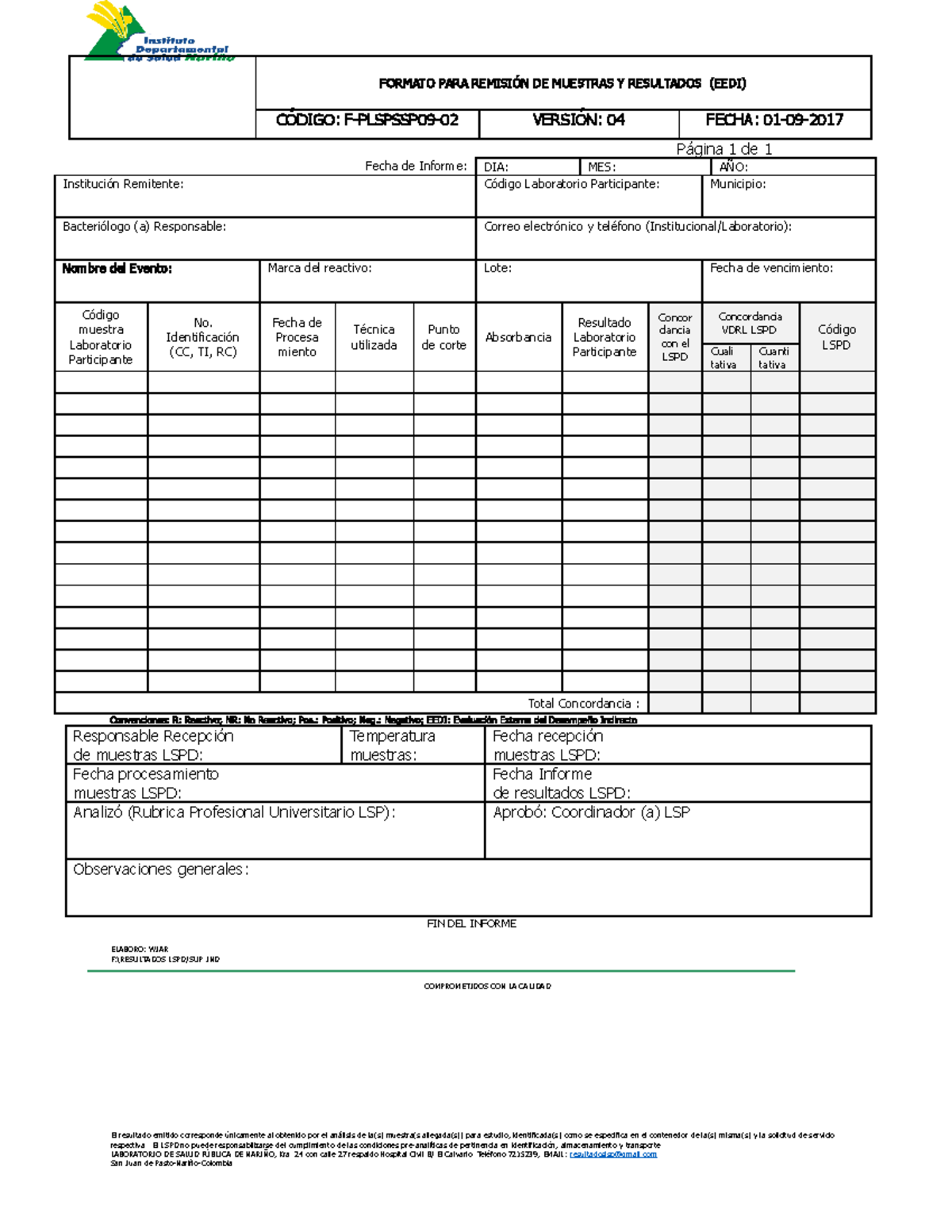 Formato PARA LA Remision DE Muestras DE VDRL, Treponema, Hepatitis B ...