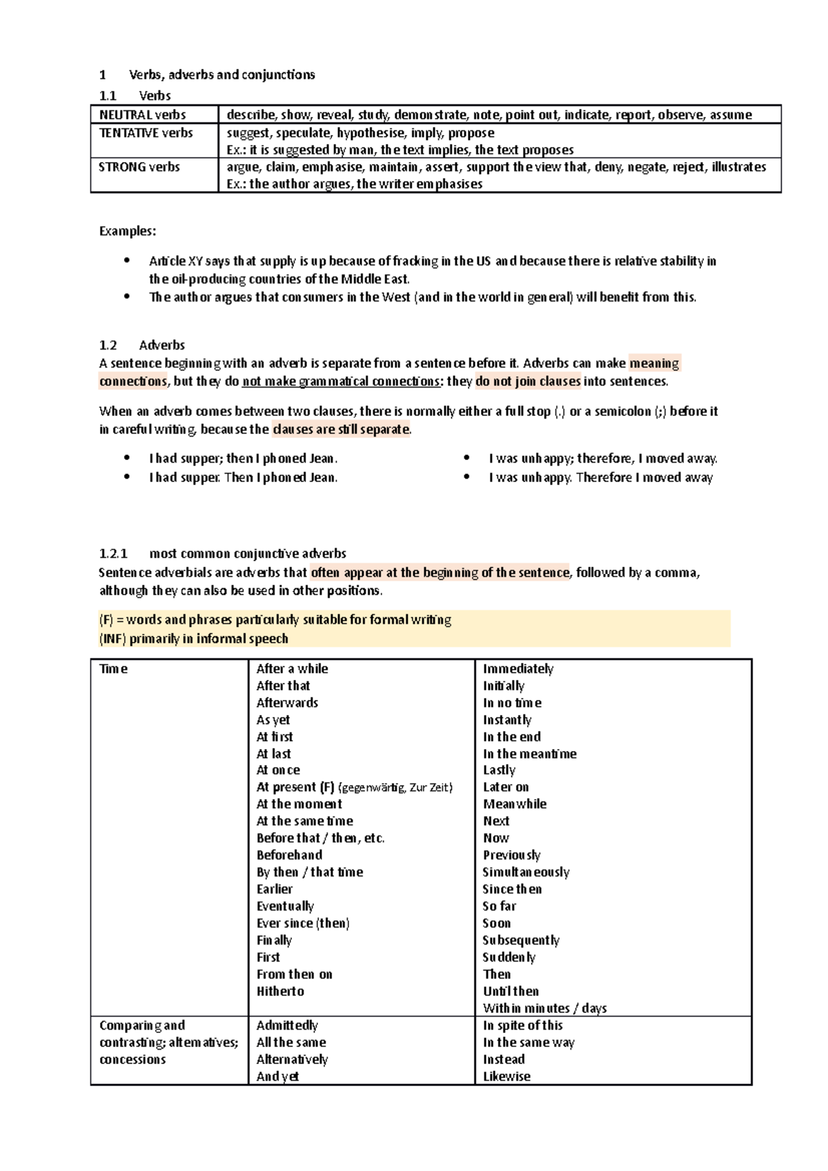 Zusammenfassung Englisch - 1 Verbs, adverbs and conjunctions 1 Verbs ...