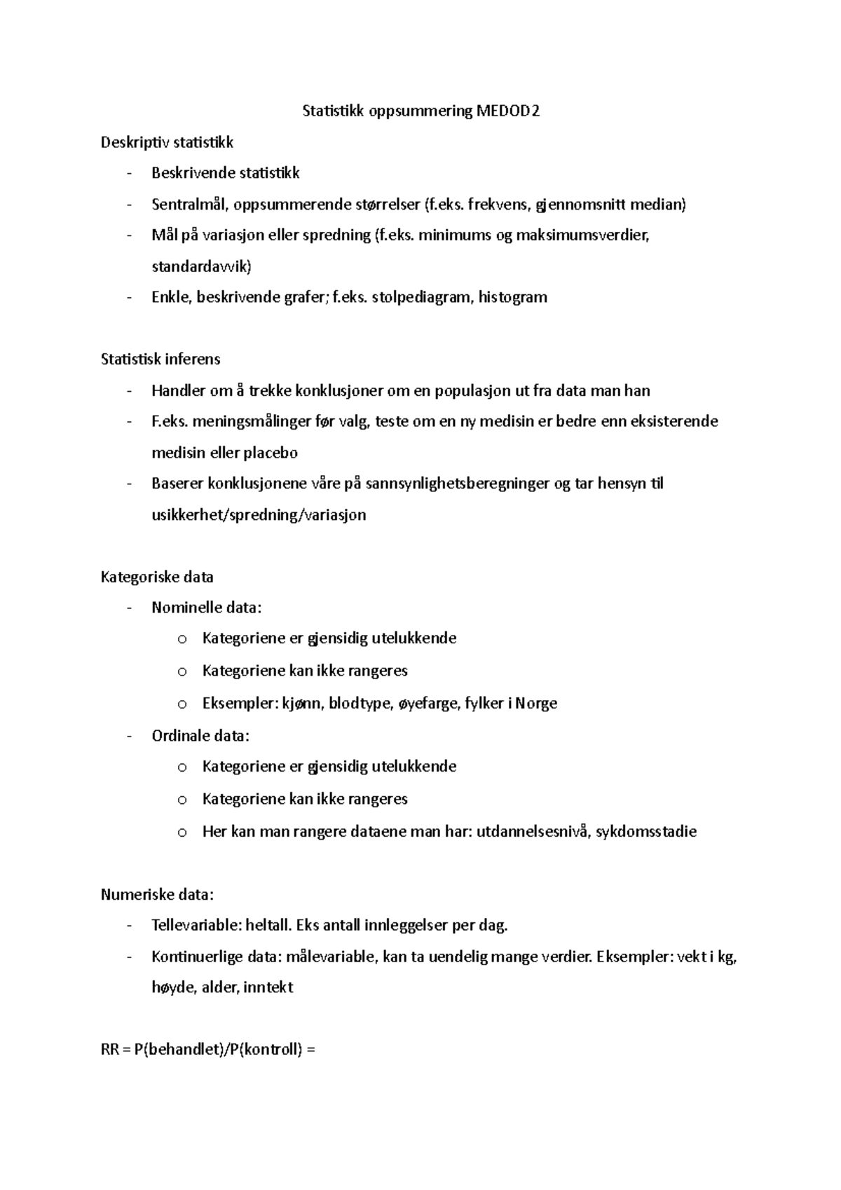 Statistikk oppsummering MEDOD 2 - Statistikk oppsummering MEDOD ...