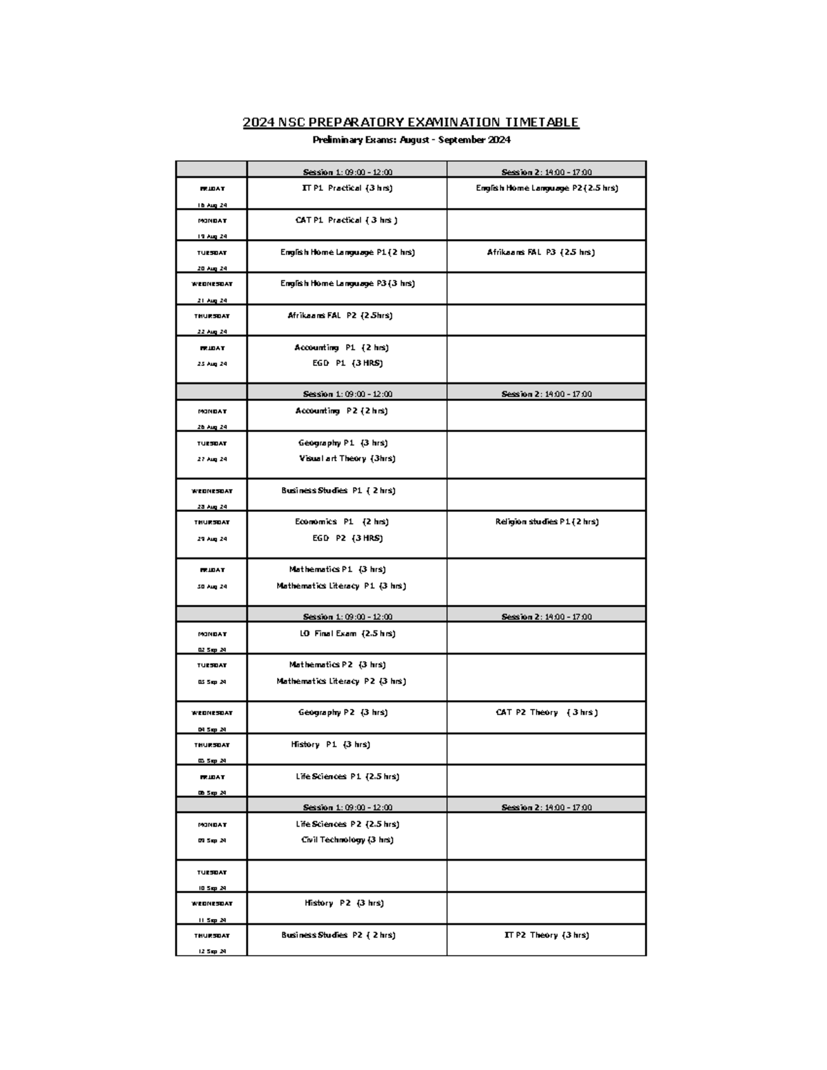 Gauteng Prelims 2024 Trials Timetable Learners - Session 1: 09:00 - 12:00 Session 2: 14:00 - 17 ...