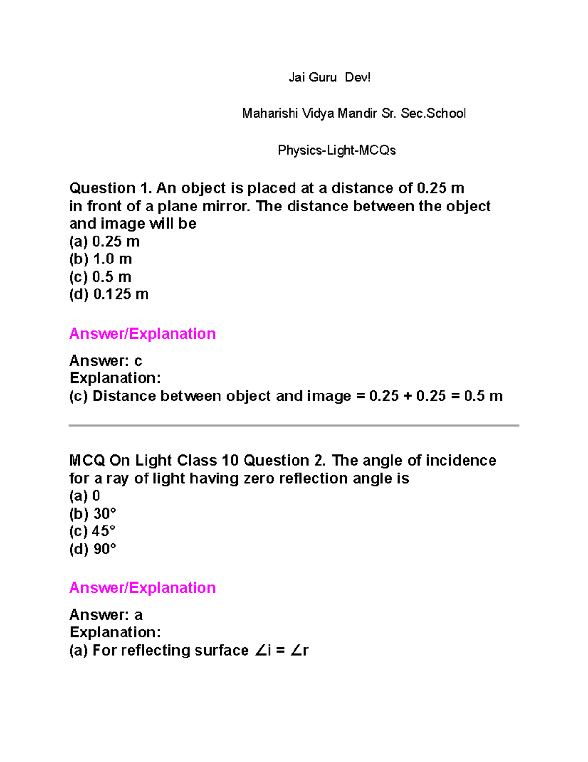 Physics light MCQs - Jai Guru Dev! Maharishi Vidya Mandir Sr. Sec ...