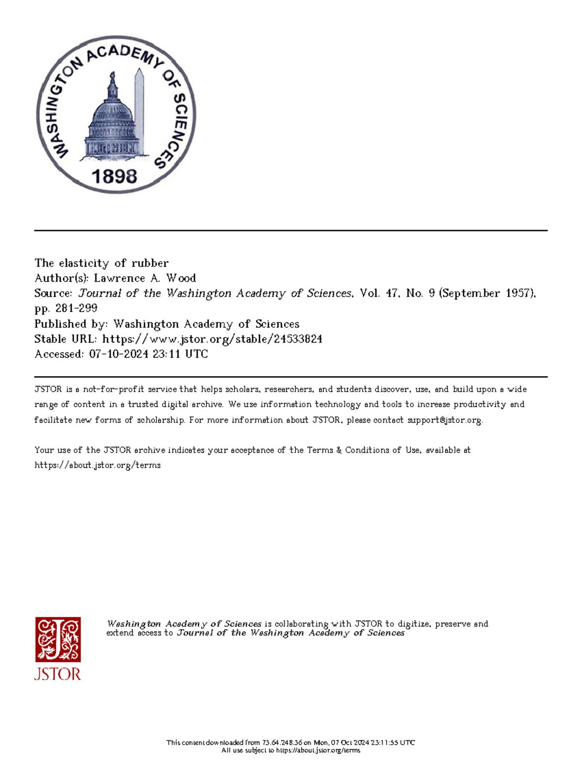 Rubber 3 - Essay - The elasticity of rubber Author(s): Lawrence A. Wood ...