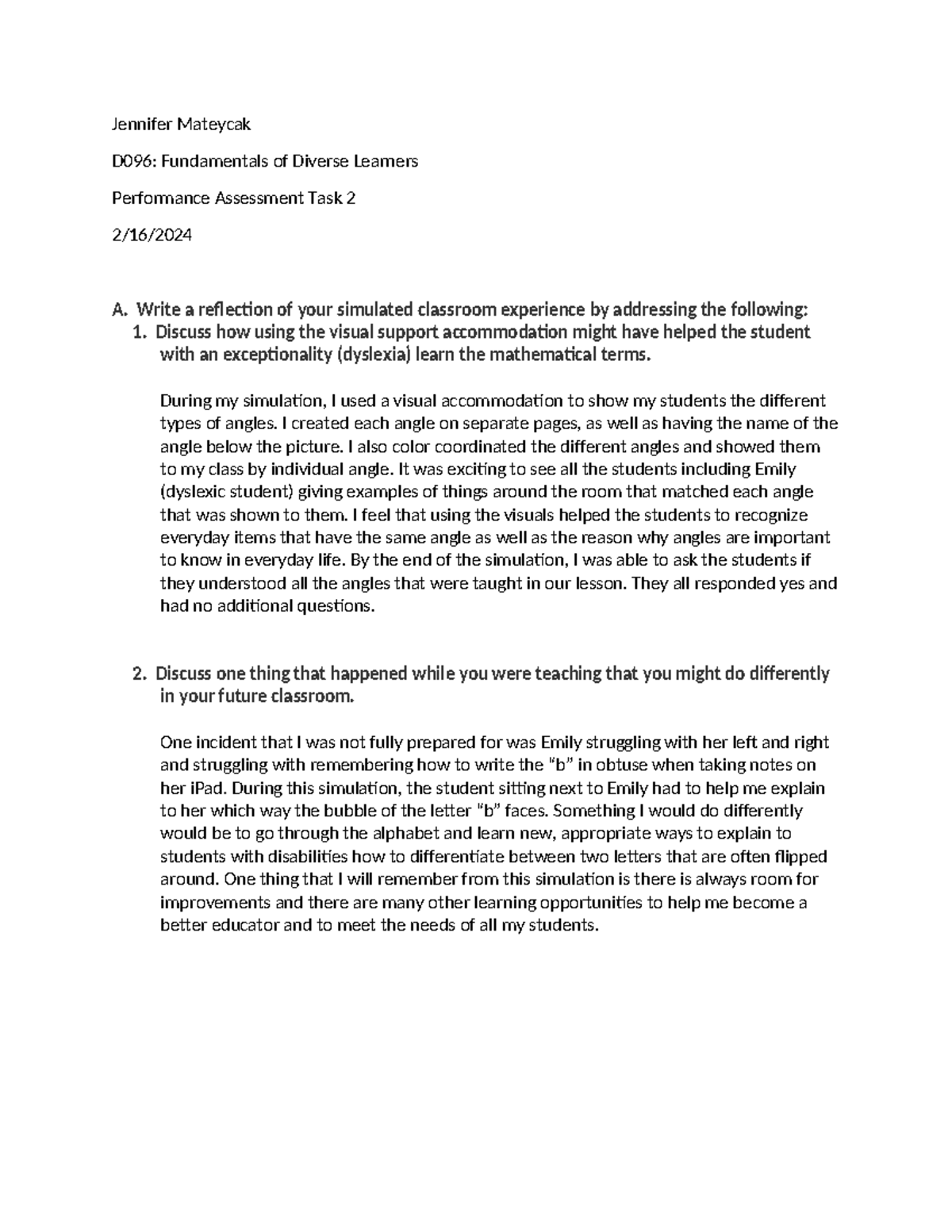 D096- Performance Assessment Task 2 Passed 1st attempt - Jennifer ...