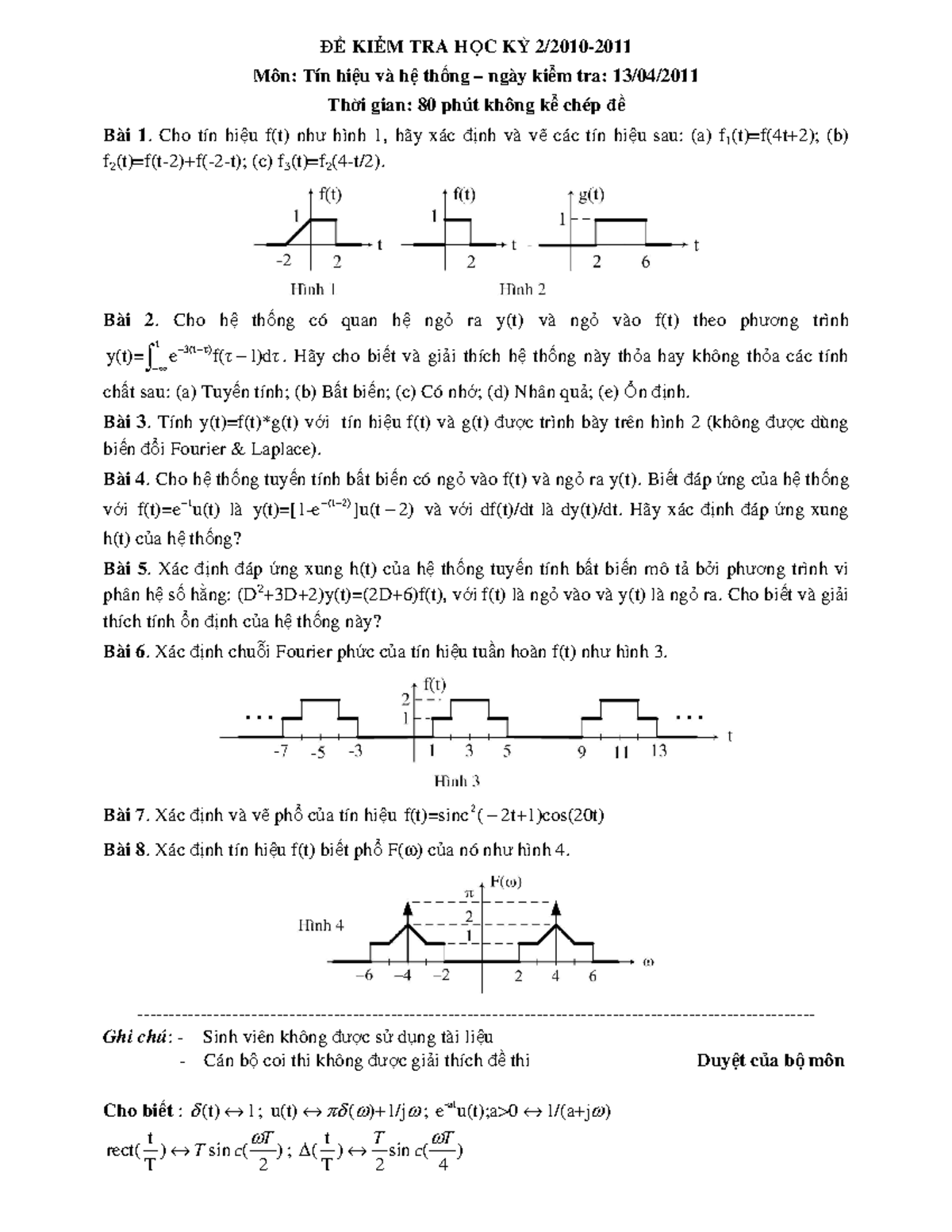 CK 111 - Ho Chi Minh City University of Technology - KI M TRA H C K 2/2010- Môn: Tín hi u và h ...