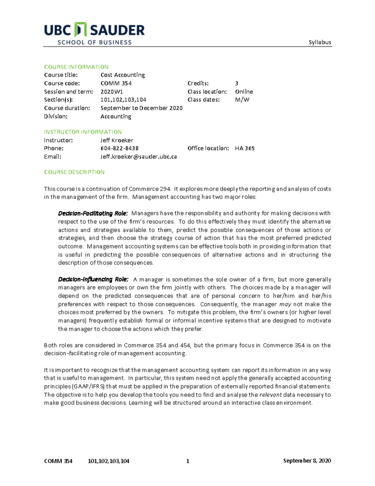 COMM 354 - Syllabus - Warning: TT: undefined function: 32 COURSE INFORMATION Course title: Cost ...