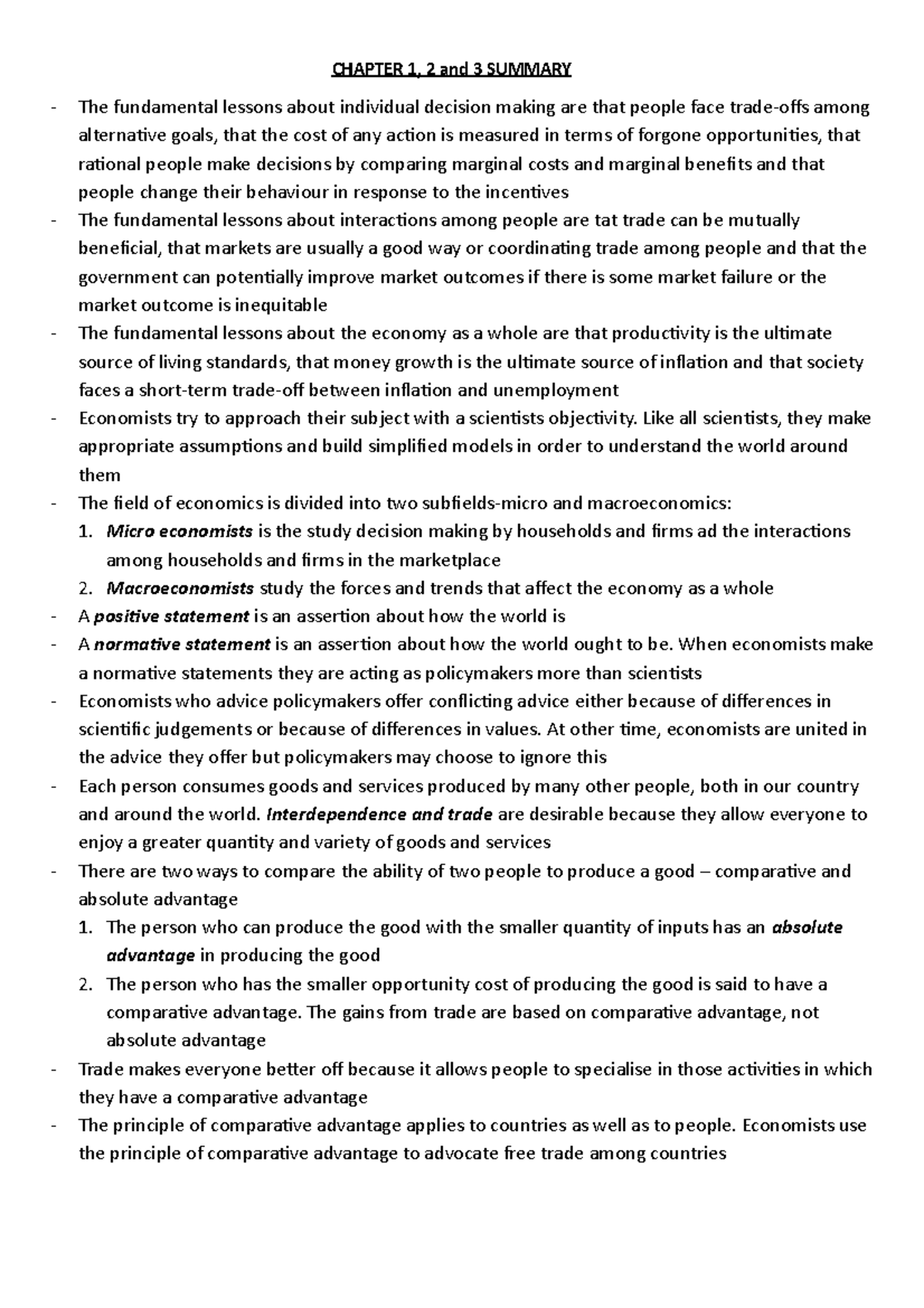 Mae101 chapter summaries - CHAPTER 1, 2 and 3 SUMMARY The fundamental lessons about individual ...