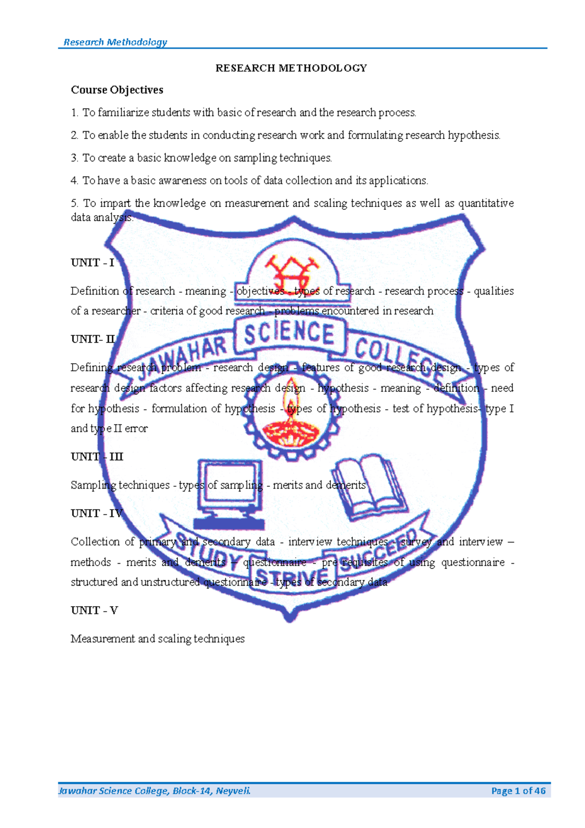Research Methodology - Unit 1 BBA - RESEARCH METHODOLOGY Course ...