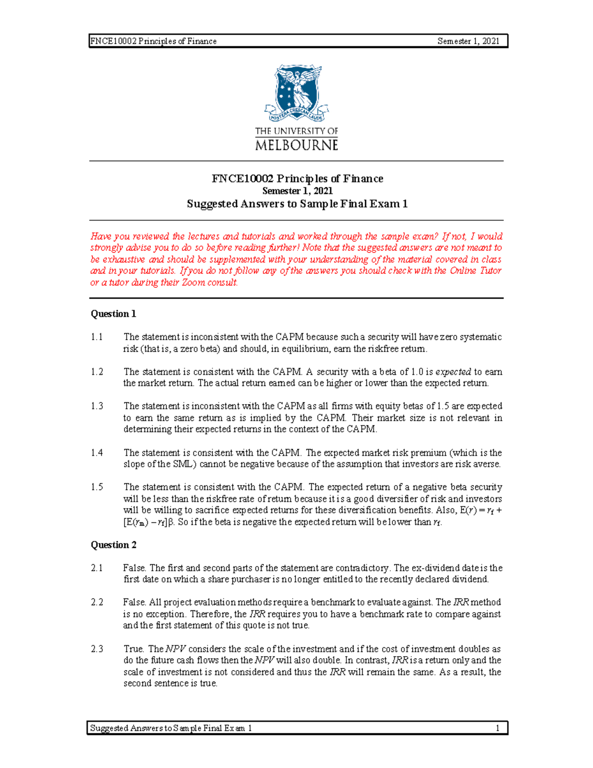 Sample Final 1 - Answers - FNCE10002 Principles of Finance Semester 1 ...