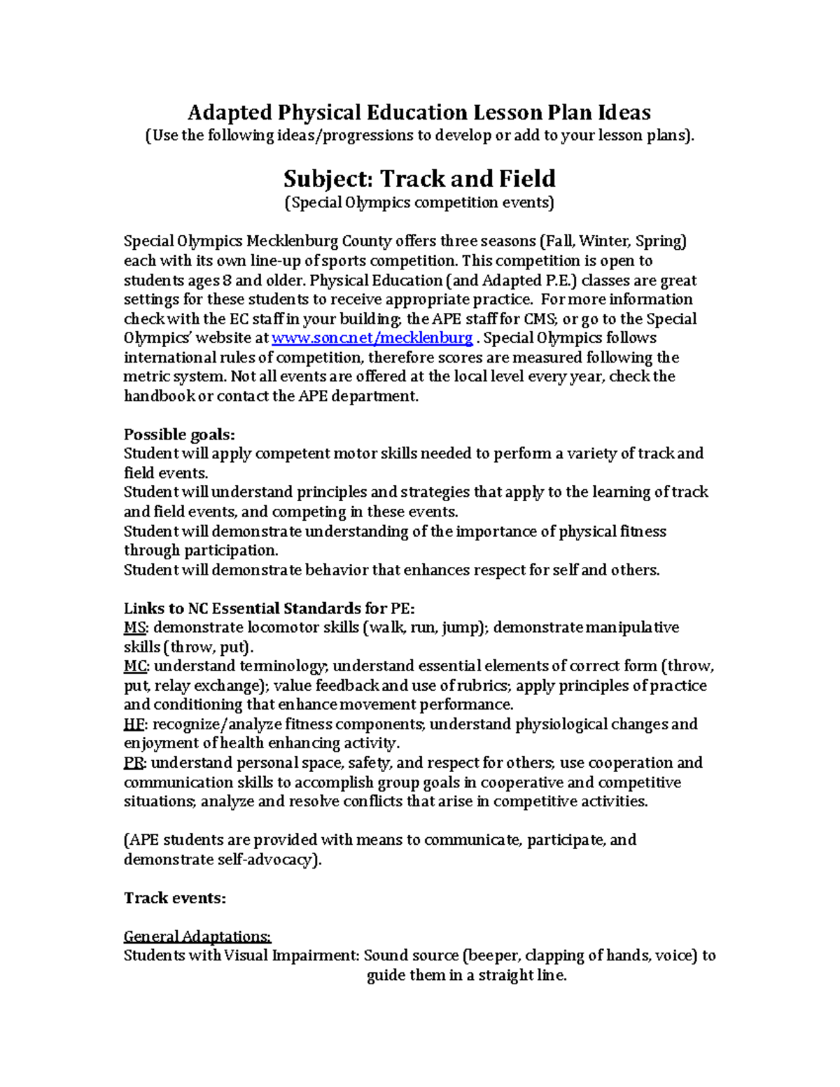 Track And Field Practical - Adapted Physical Education Lesson Plan ...