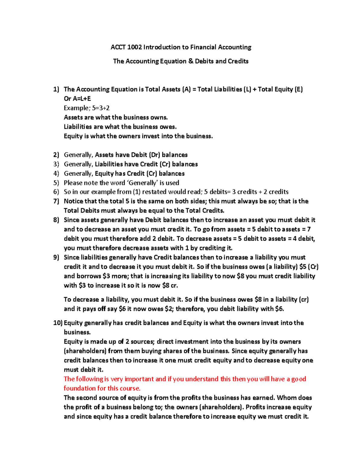 Accounting Equation Debits and Credits - ACCT 1002 Introduction to ...