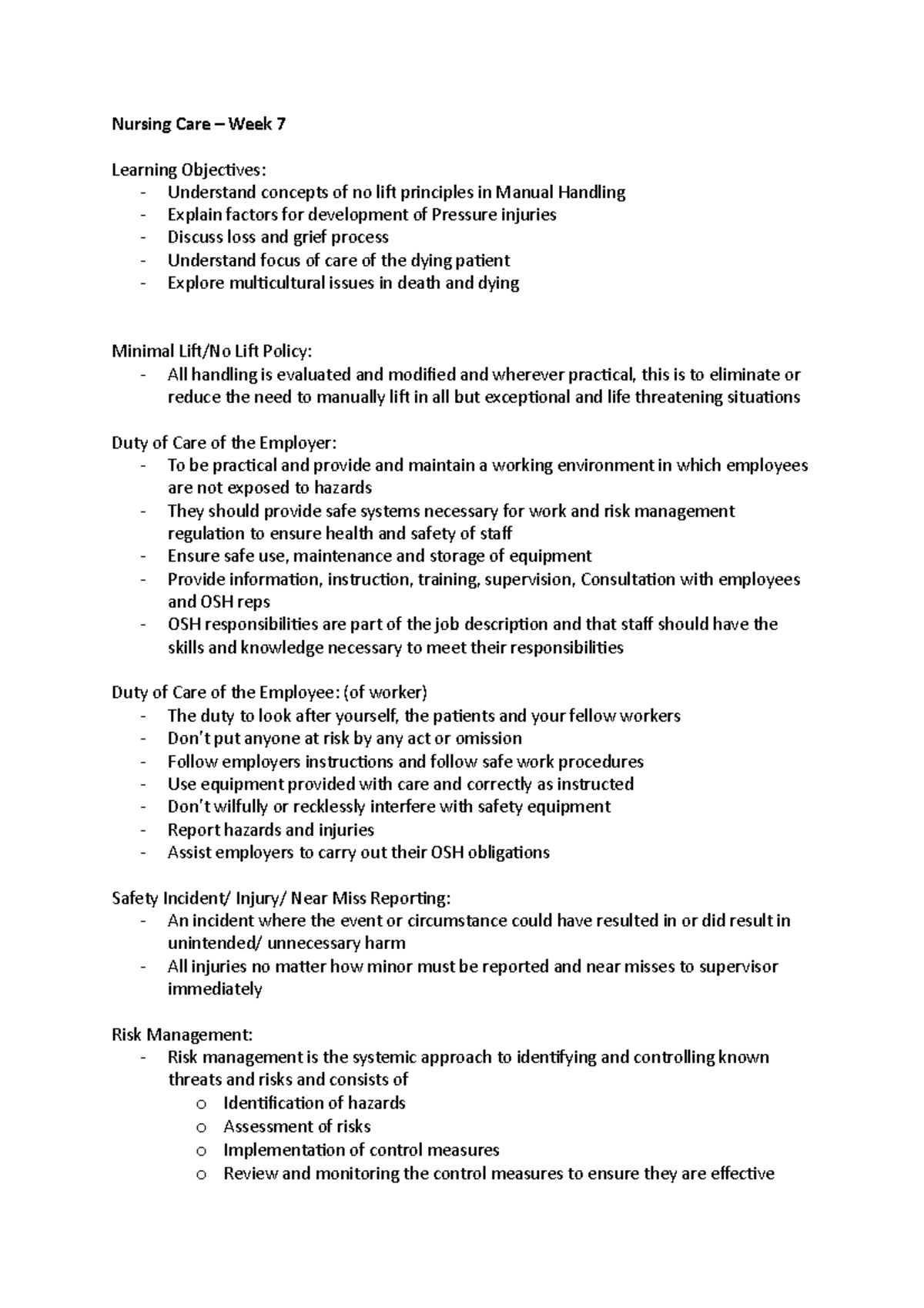 Notes WEEK 7 - manual handling, death - Nursing Care – Week 7 Learning ...