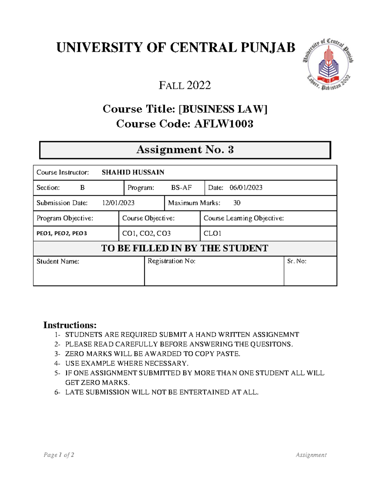 Assignment 3 Section B - Page 1 of 2 Assignment UNIVERSITY OF CENTRAL ...