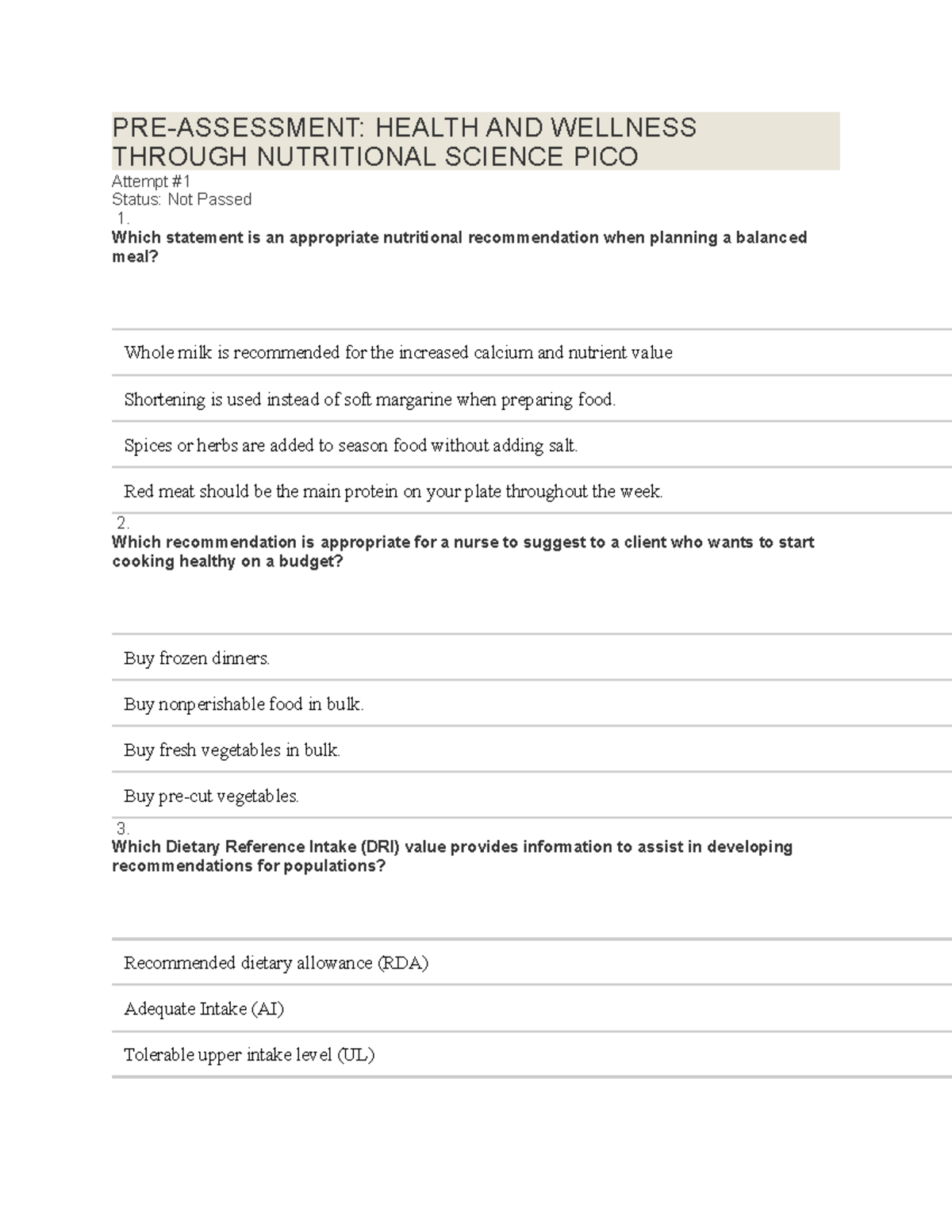 PRE- Assessment Health AND Wellness Through Nutritional Science PICO ...