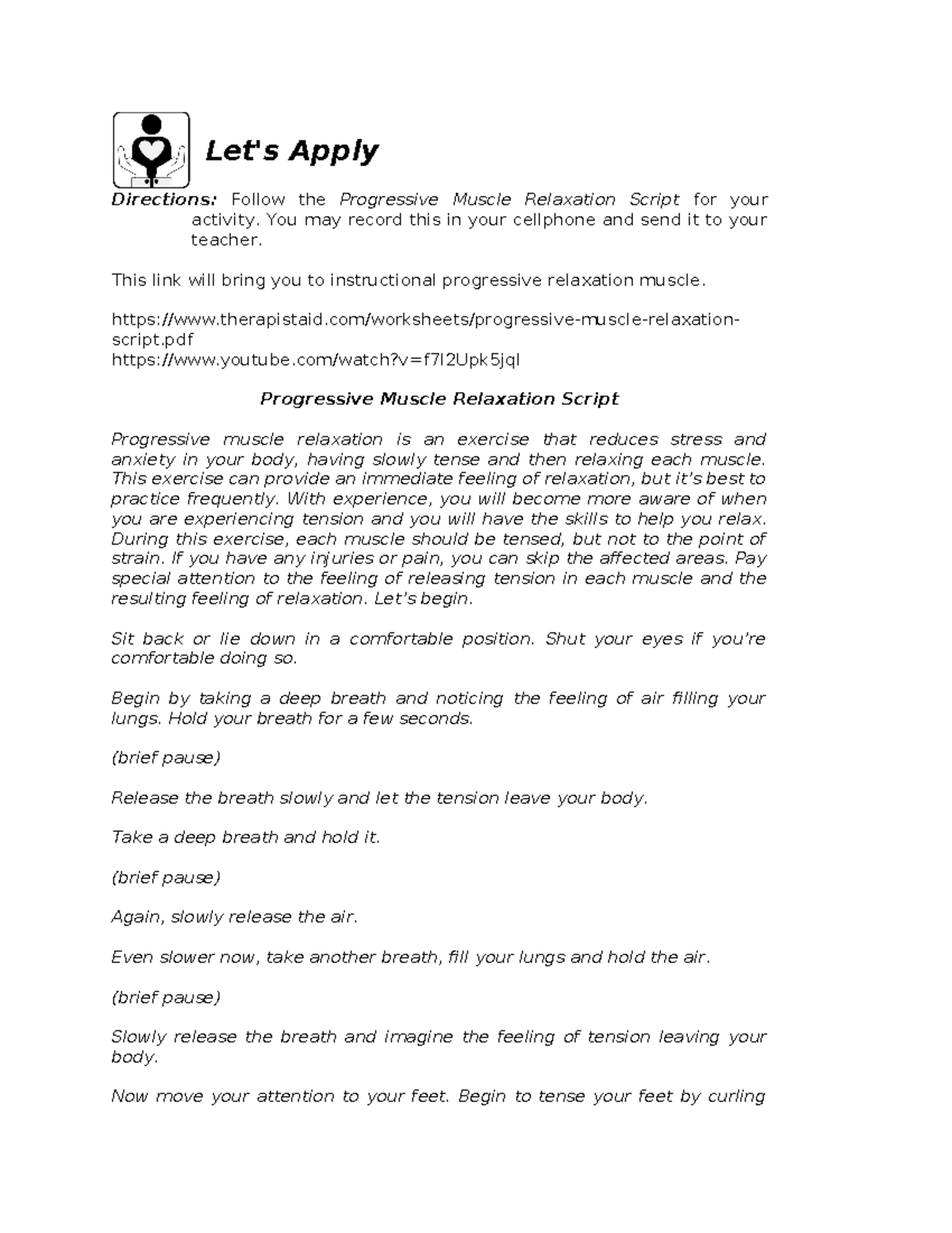 HOPE-4- Activity - Let's Apply Directions: Follow the Progressive ...