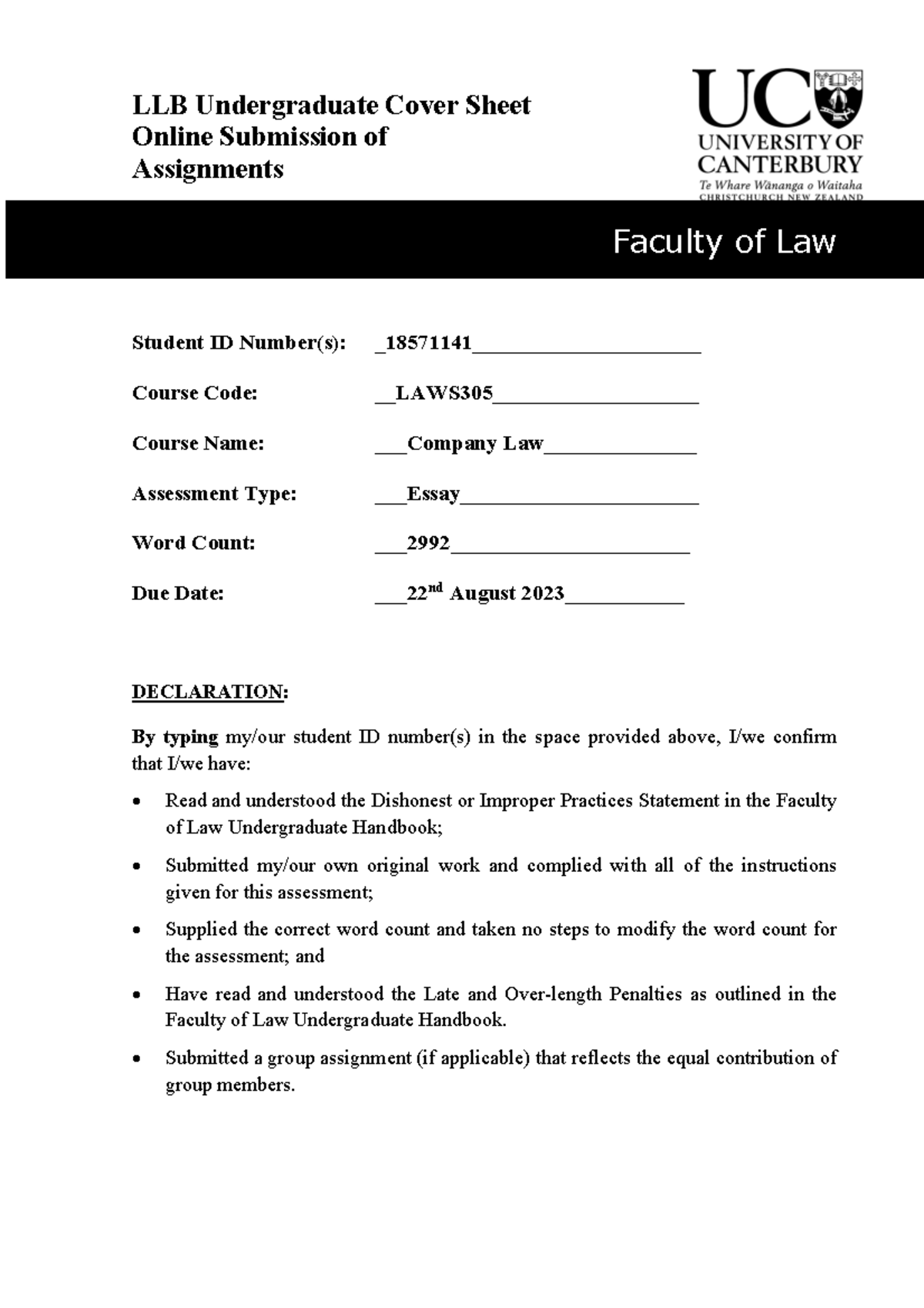 18571141 Company Assignment - LLB Undergraduate Cover Sheet Online ...