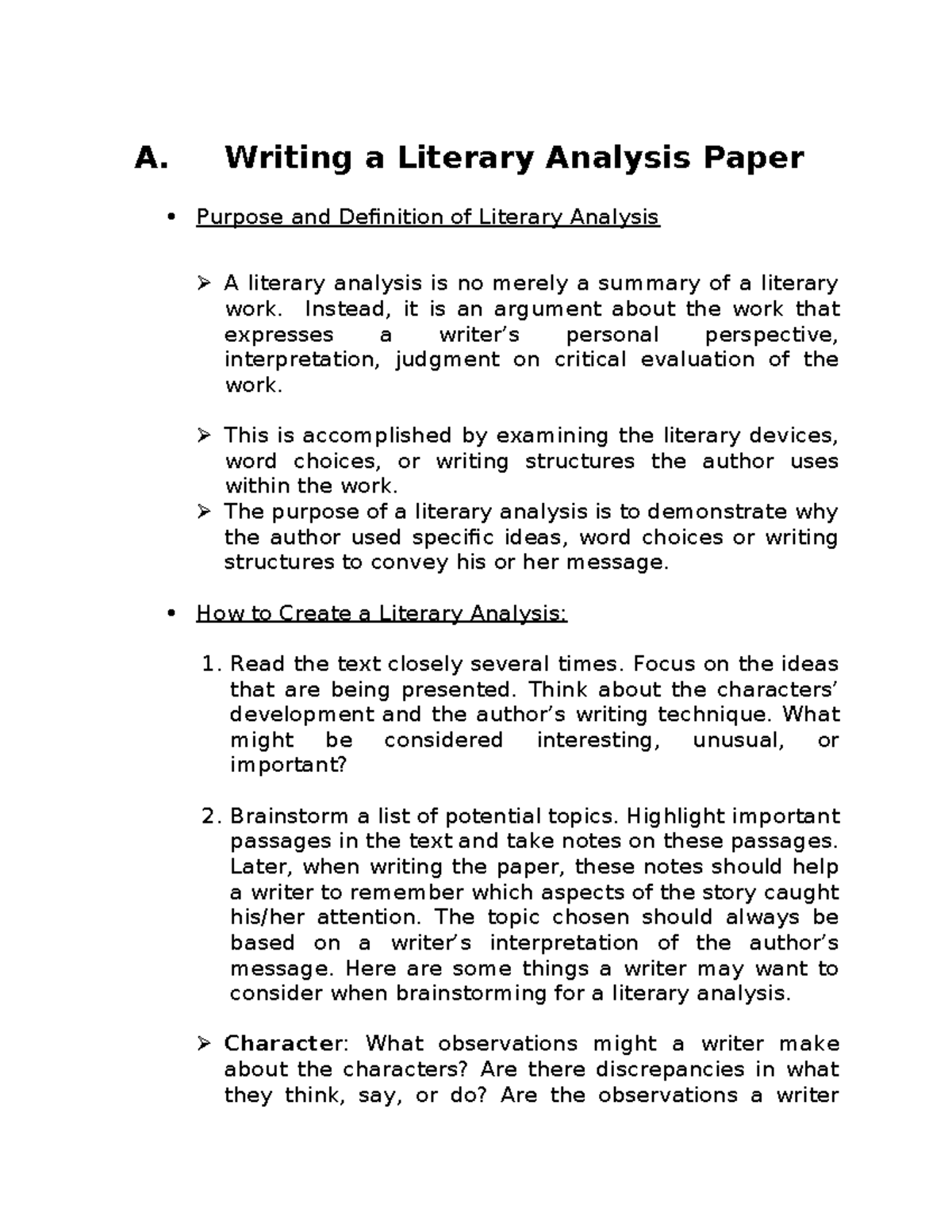 Writing a Literary Analysis Paper - A. Writing a Literary Analysis ...