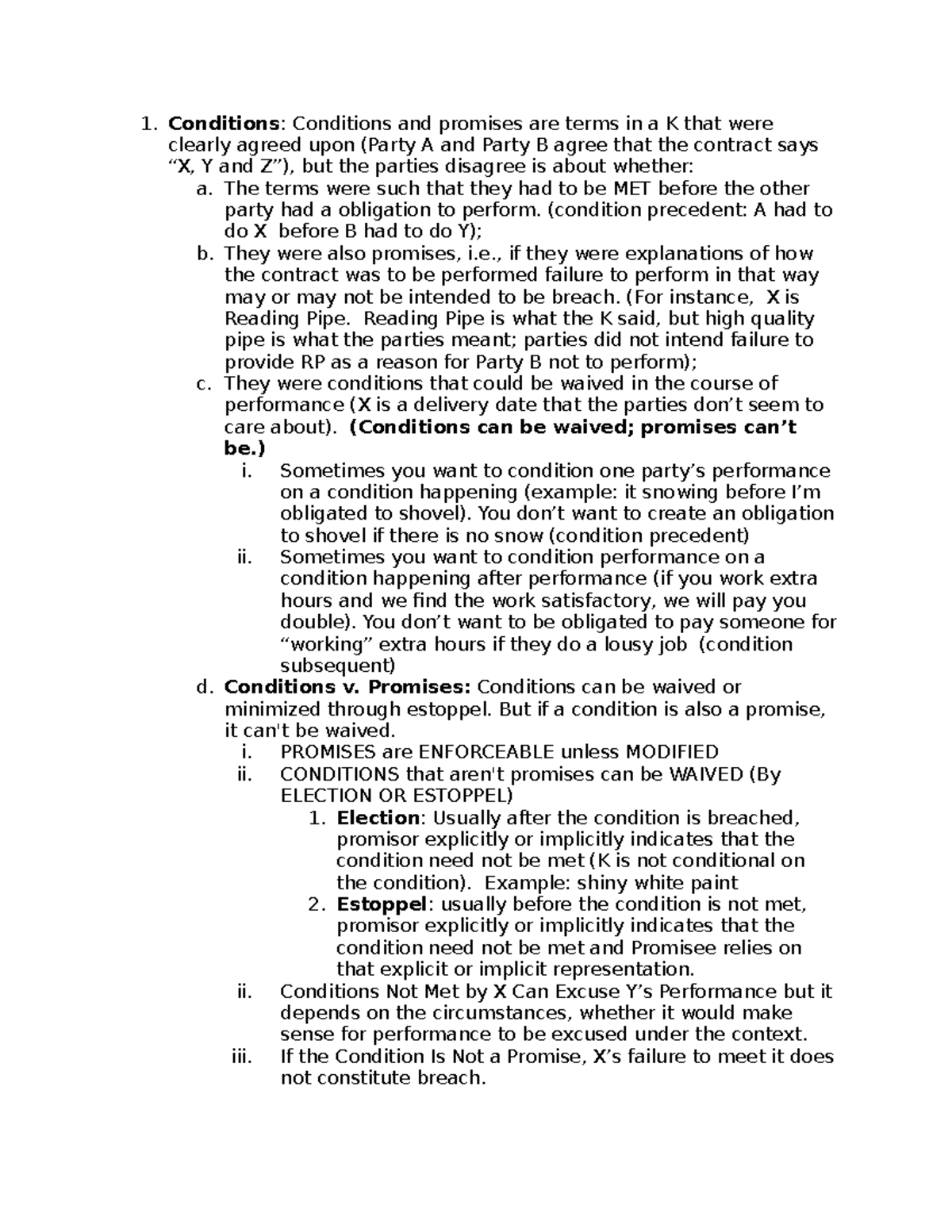 Contracts Outline Conditions - Conditions: Conditions and promises are ...