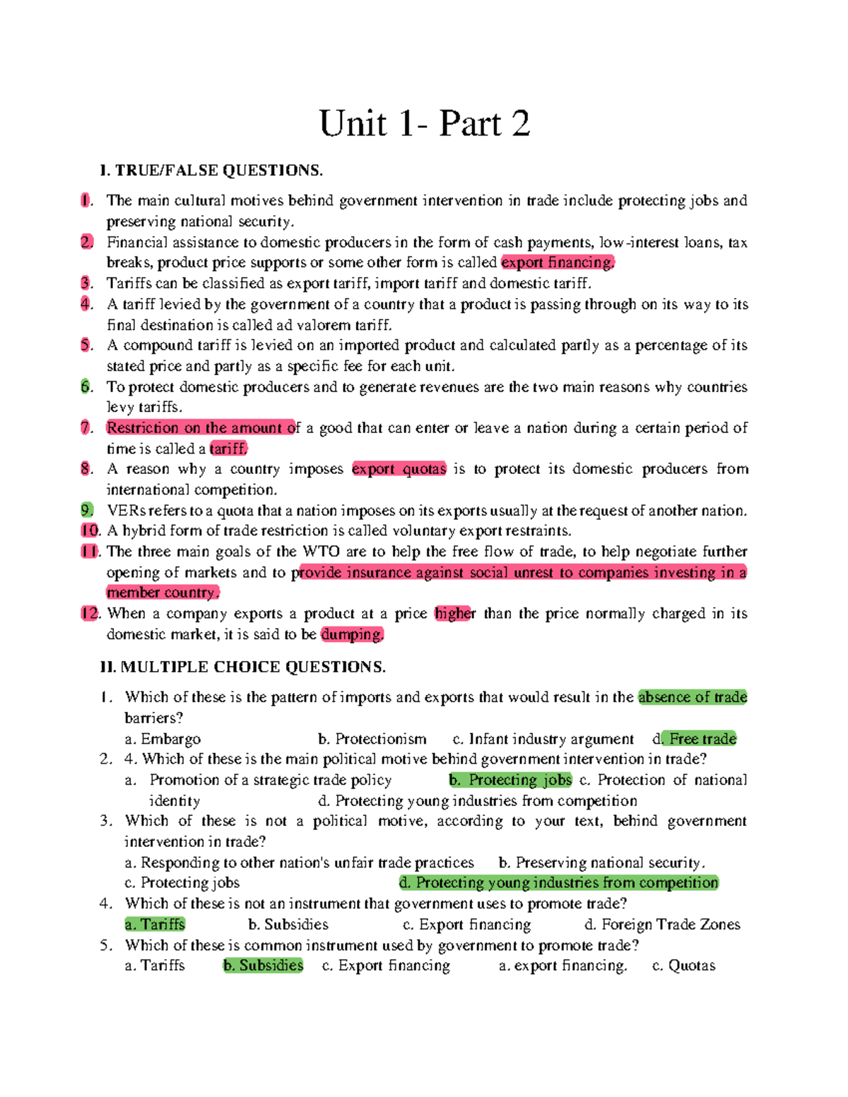 Unit 1- Part 2- Exercises - to sts - Unit 1- Part 2 I. TRUE/FALSE QUESTIONS. The main cultural ...