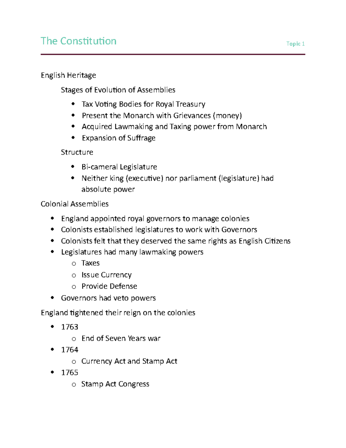 The Constitution Class Notes- Topic 1 - The Constitution Topic 1 ...