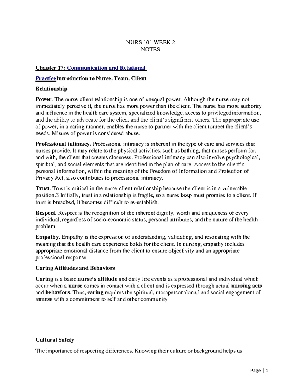 NURS 101 WEEK 2 Notes - NURS 101 WEEK 2 NOTES Chapter 17: Communication ...